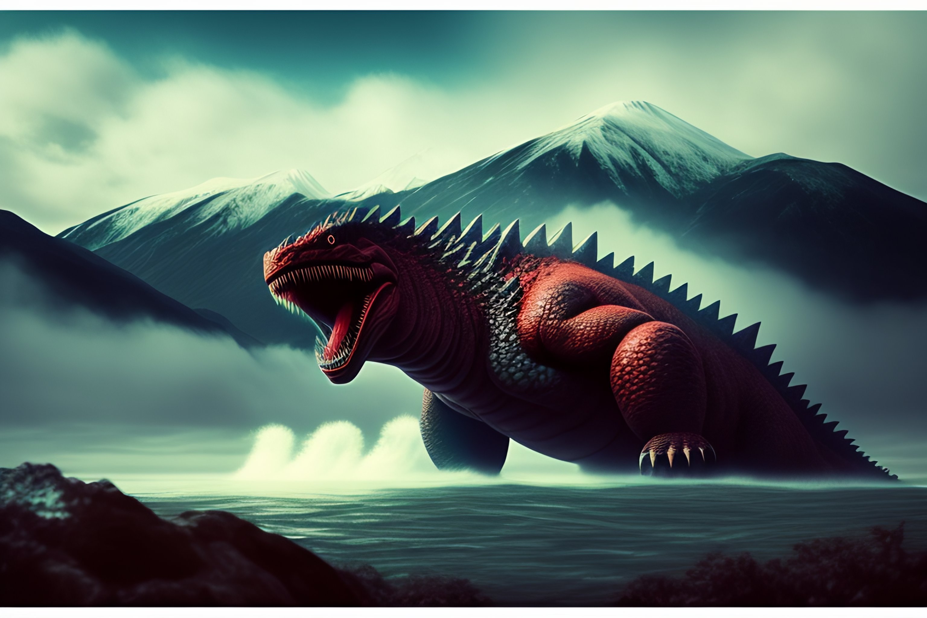 Lexica - An image of a bloody monster which looks like Godzilla lying dead