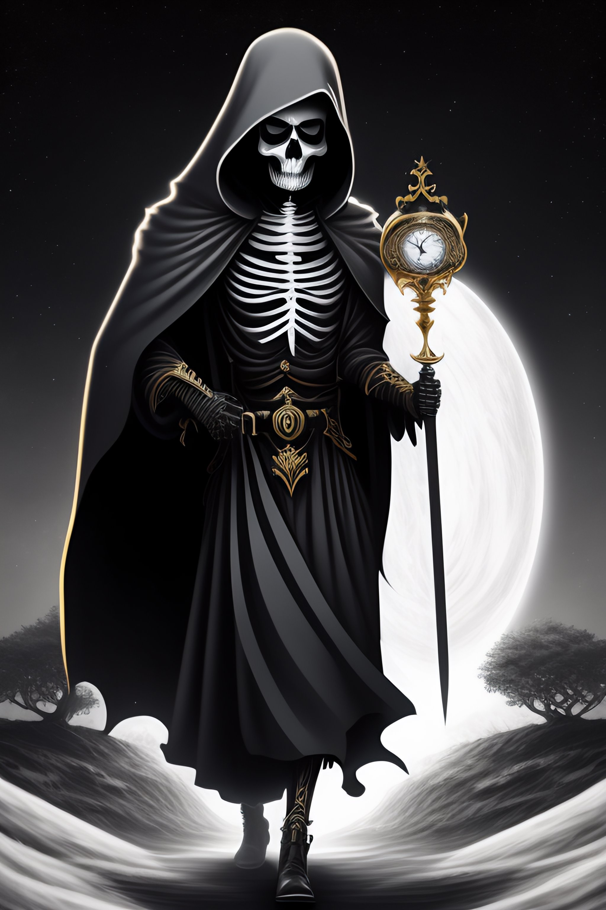 Lexica - Grim reaper skeleton in a gray ceremonial dress, carrying a ...