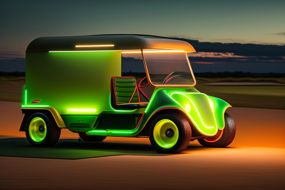 Lexica - A golf cart with green neon headlights, at dusk on a golf ...