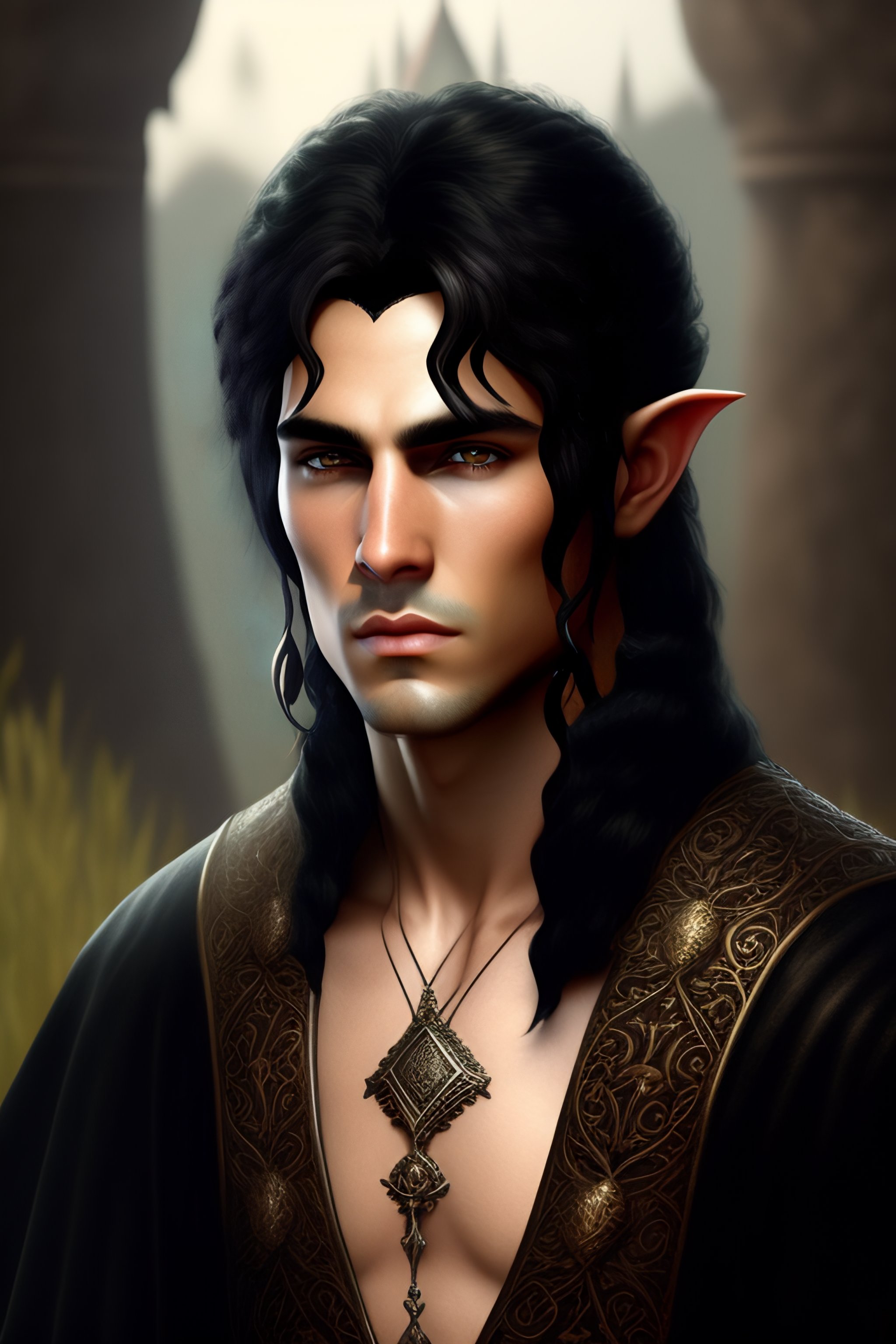 Lexica - Elf male, black hair, medieval style, black clothes