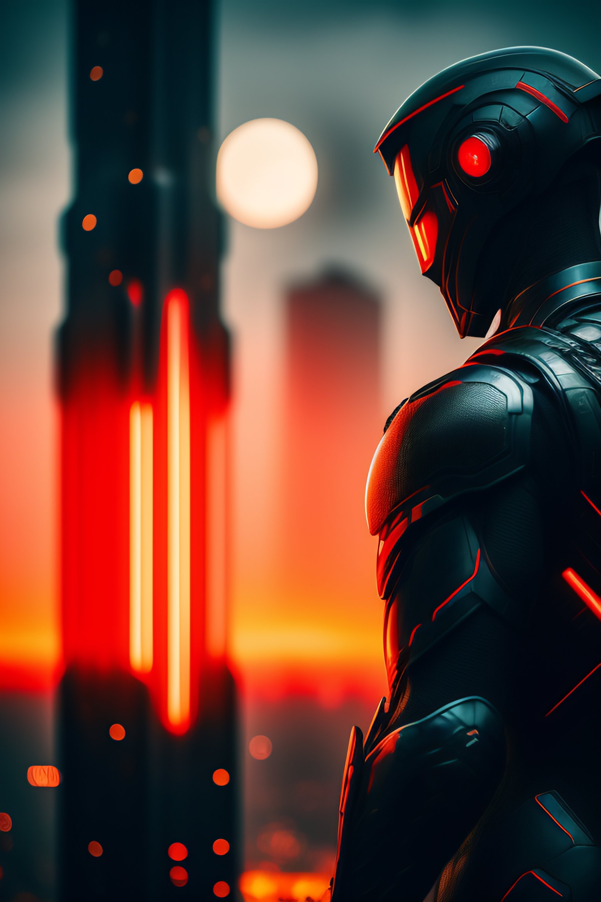 Lexica - Humanoid, iron suit, cyborg watching the city, with a red neon ...