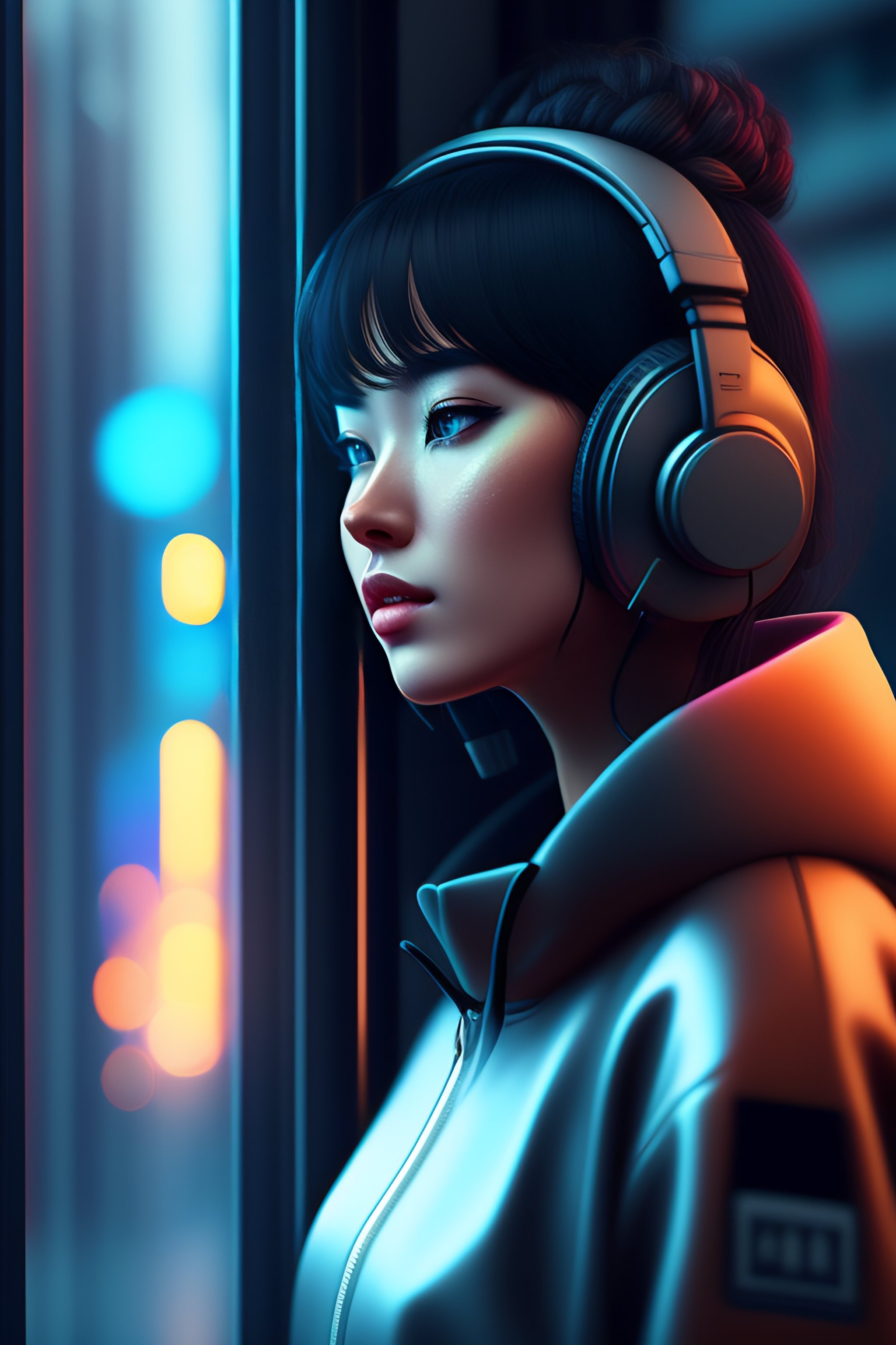 Lexica - A lofi girl with headphones is looking at a rainy window in ...