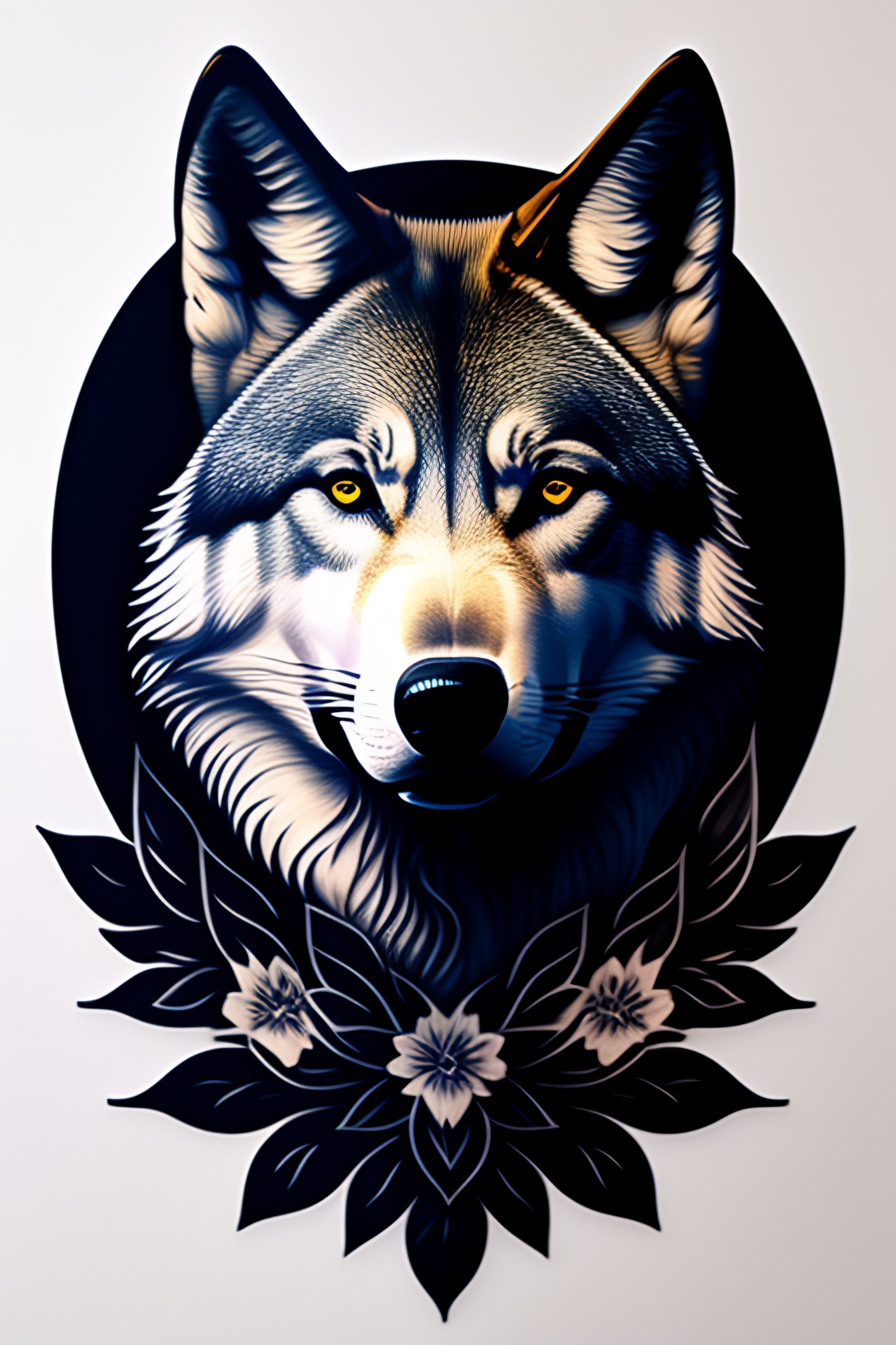 Lexica - Tattoo design, stencil, wolf face, wreath surrounding wolf