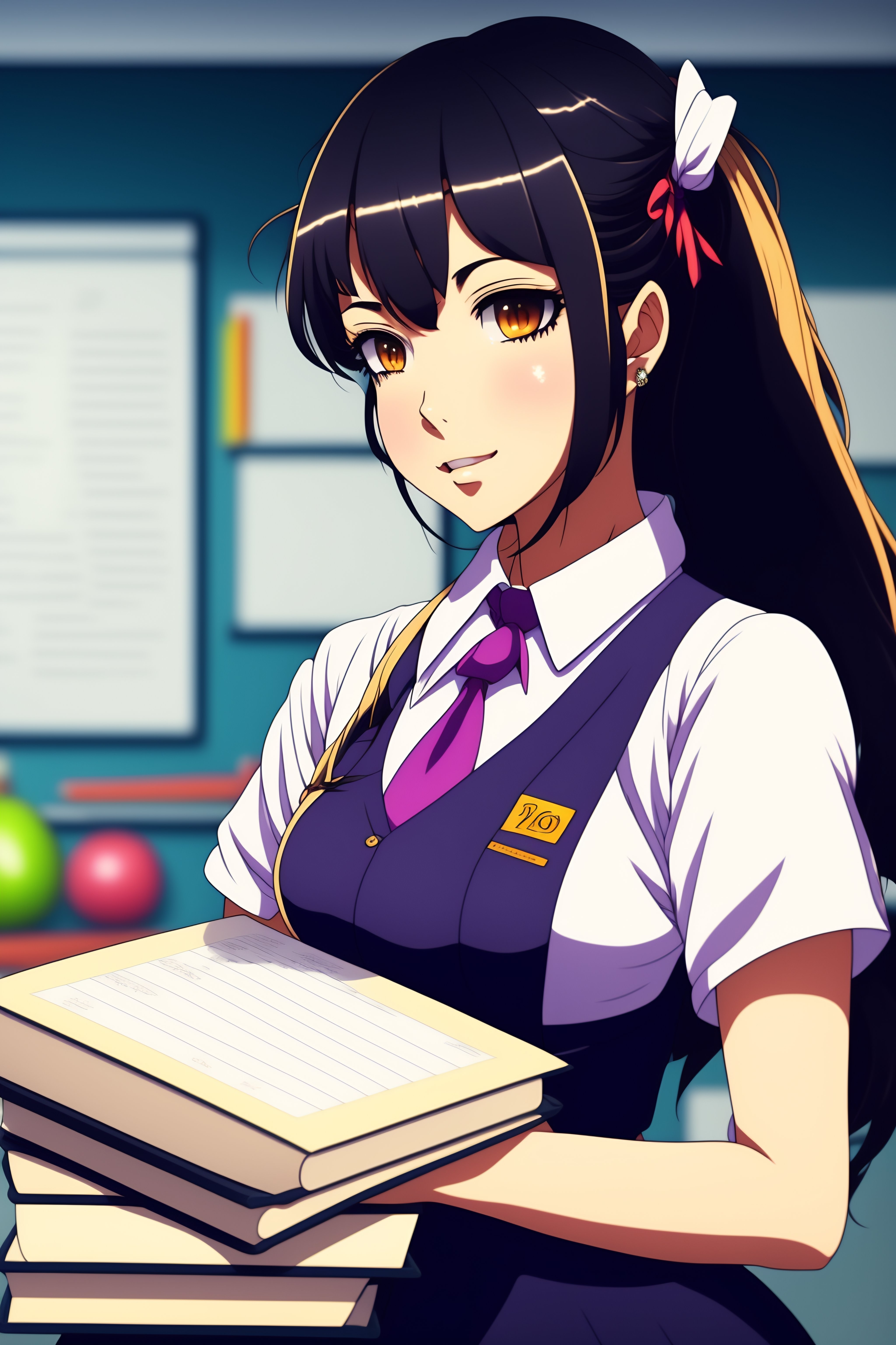 Lexica - A beautiful female teacher, wearing a uniform, holding a ...