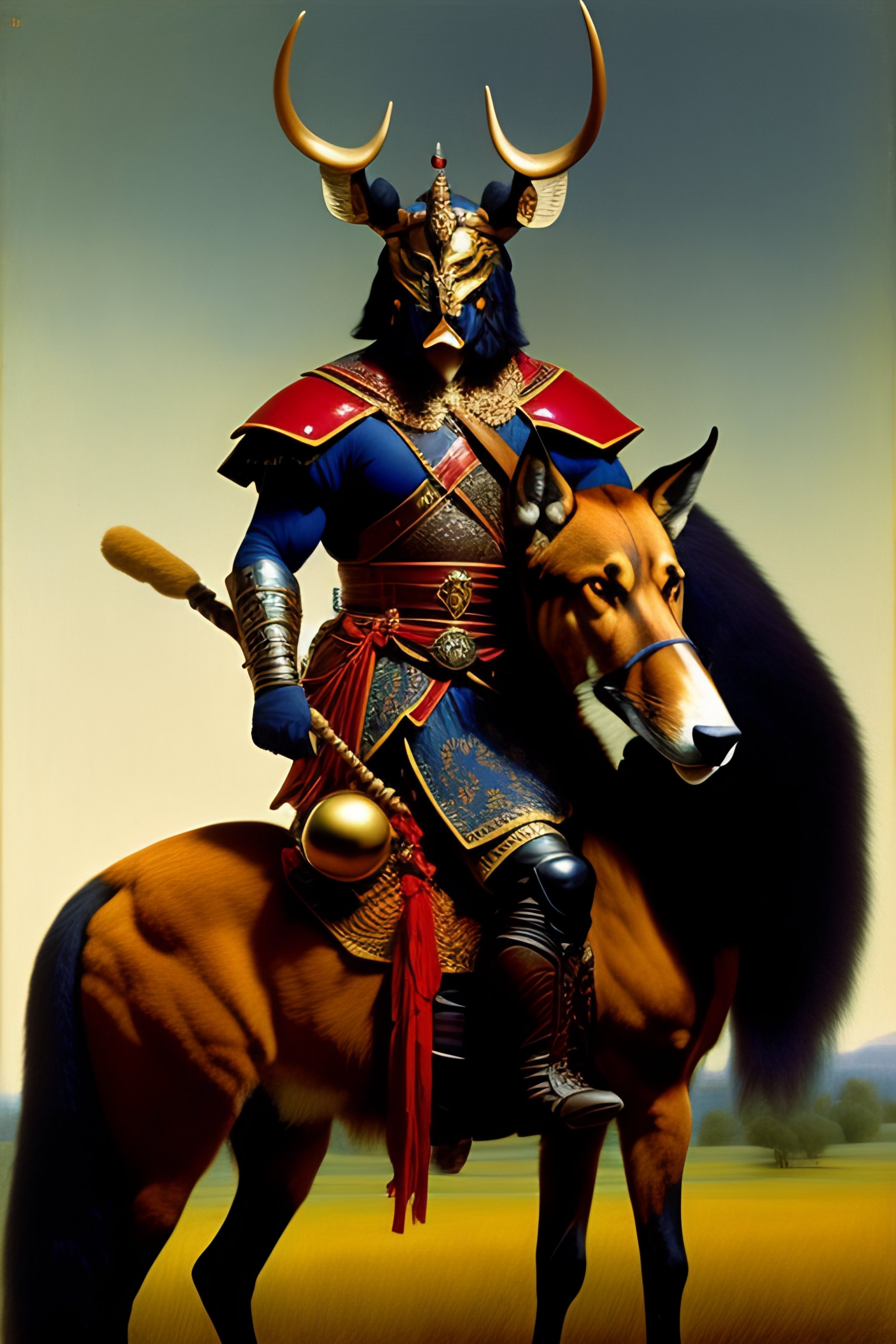 Lexica - A oni riding a German Shepherd, oni mask, deer horns, clavicus ...