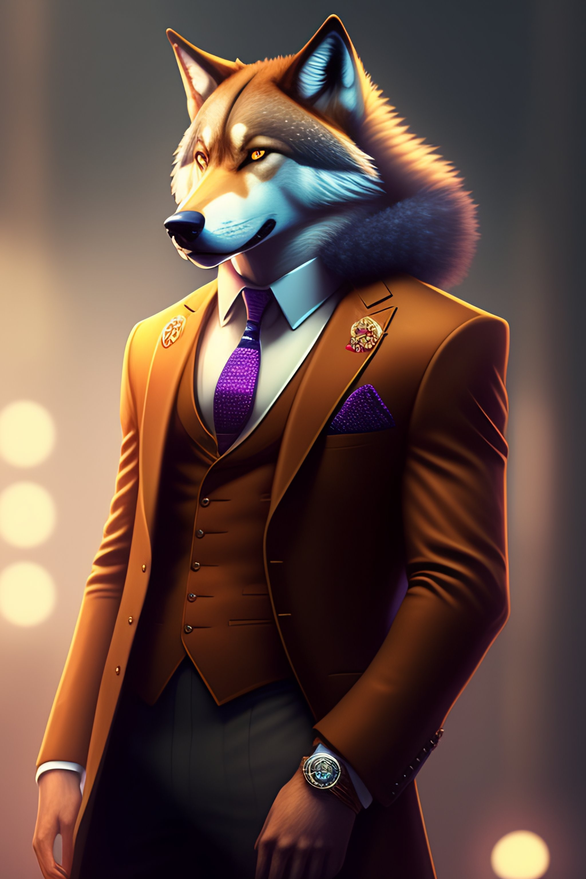 Lexica - Anthro furry humanoid wolf, three piece suit, checking watch ...