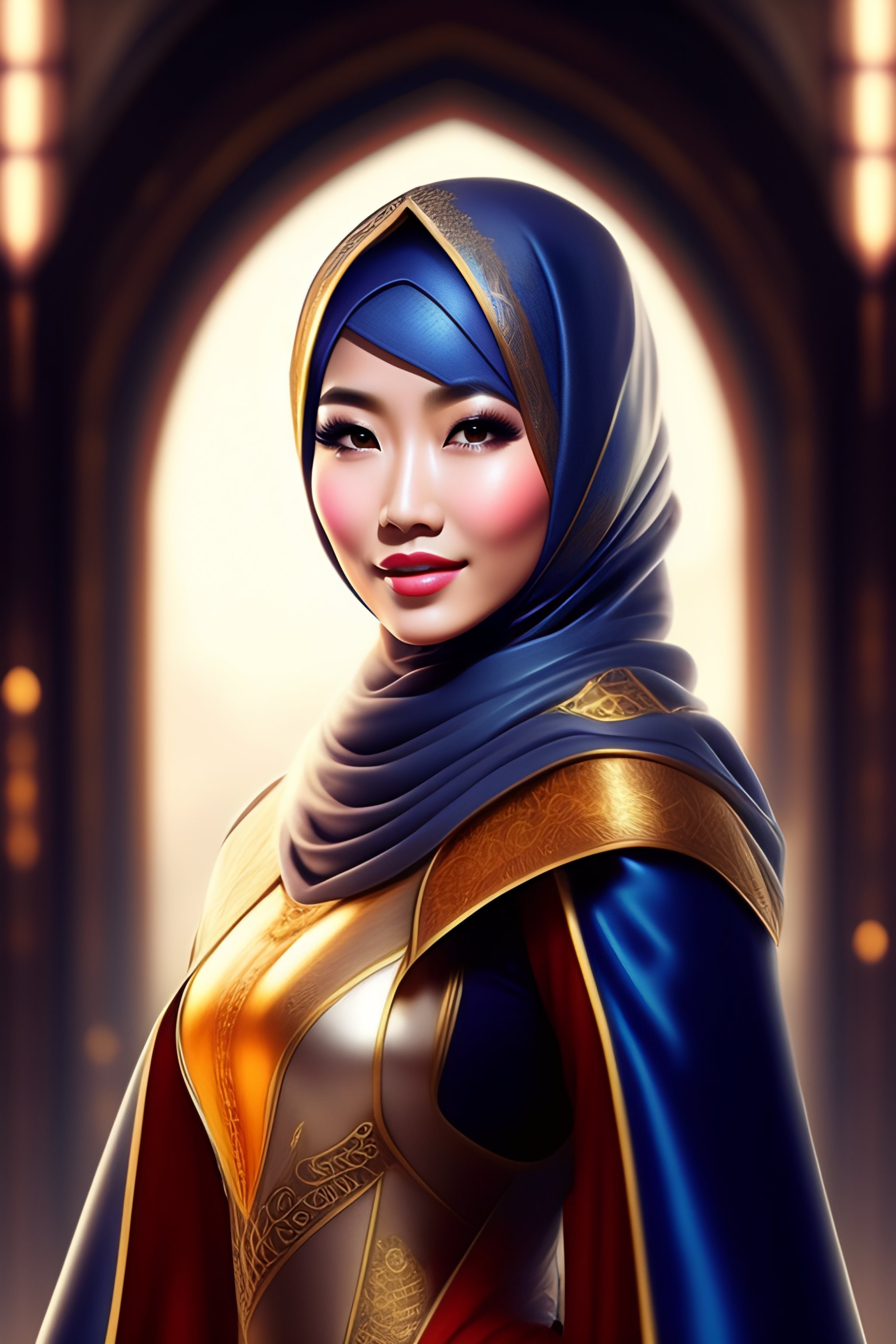 Lexica - Cute hijab girl half asian half arabs in futuristic medieval mage clothing