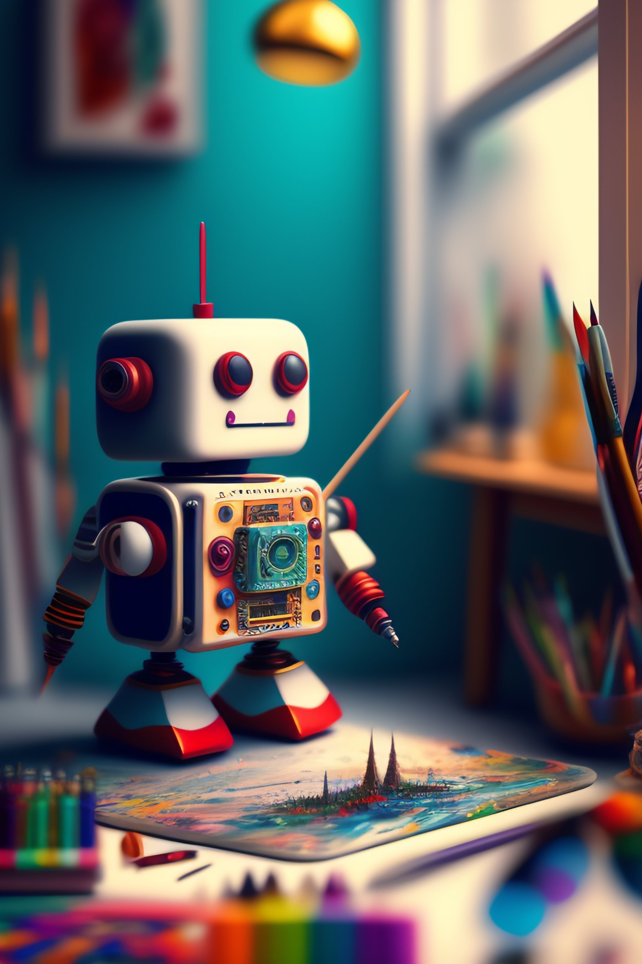 Lexica - A messy, chaotic artist's workshop, inside is a cute robot ...