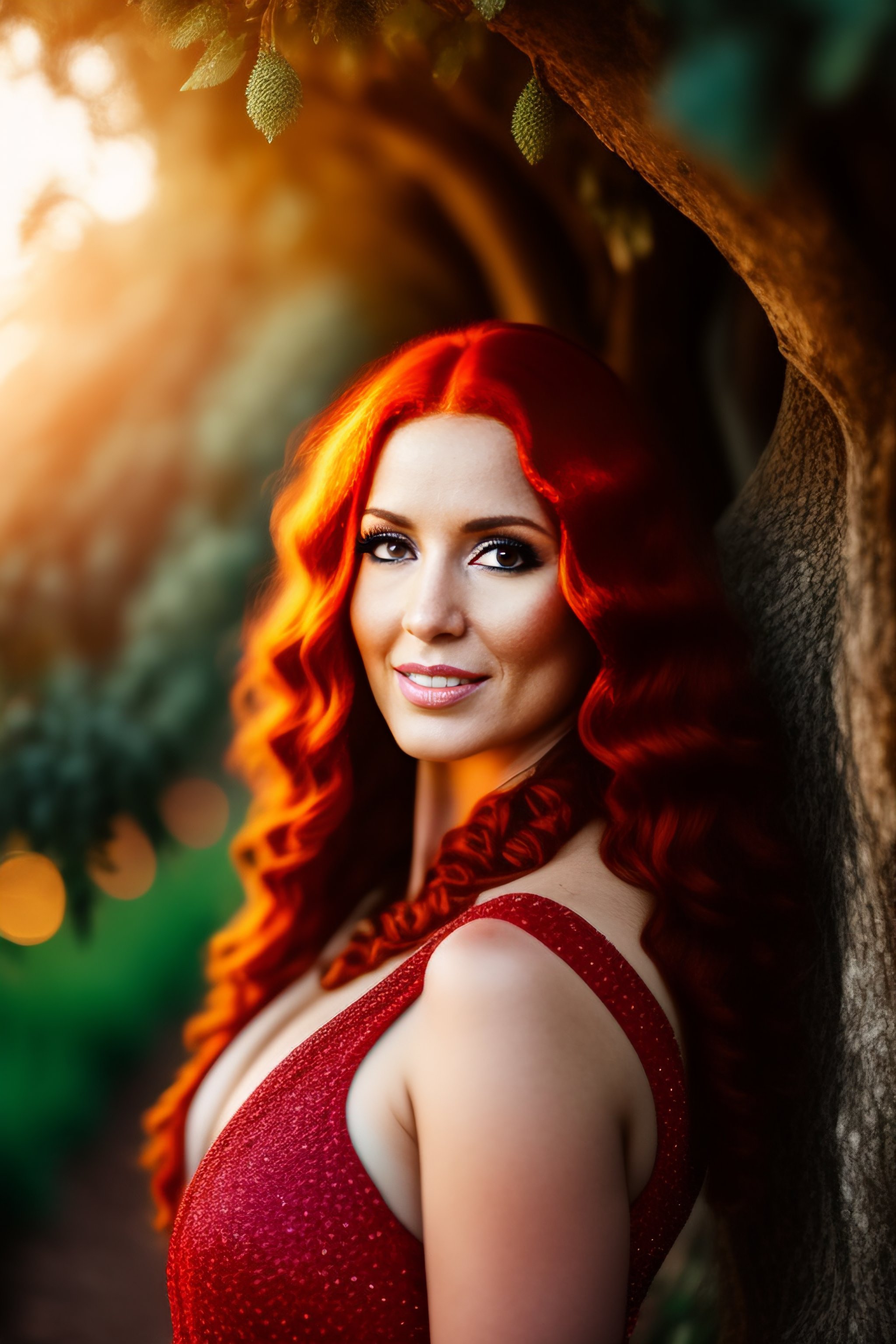 Lexica - Beautiful red-haired woman in flowing dress in front of olive ...