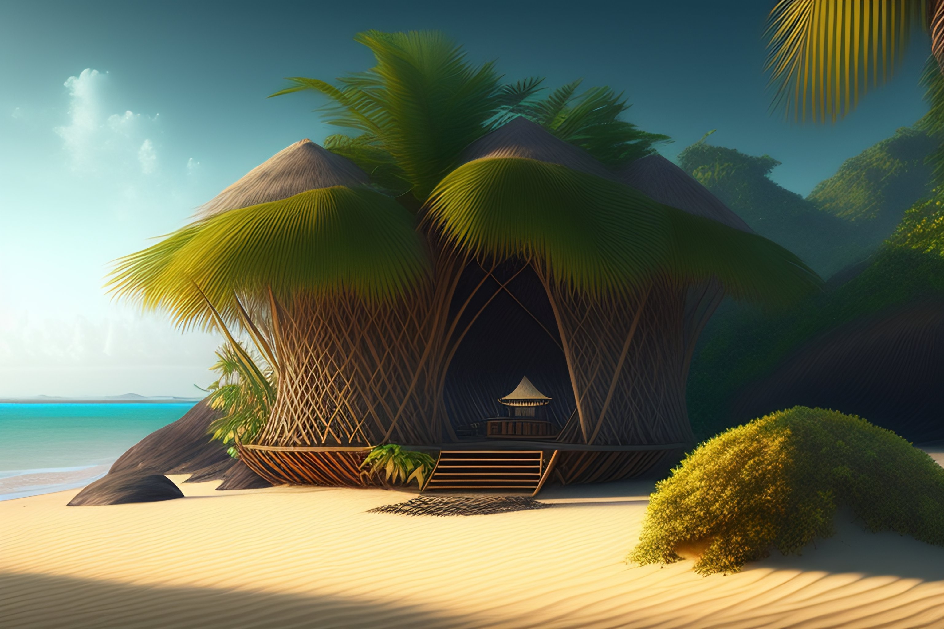 Lexica - Giant hut bamboo on tropical island beach yucca giant shells ...