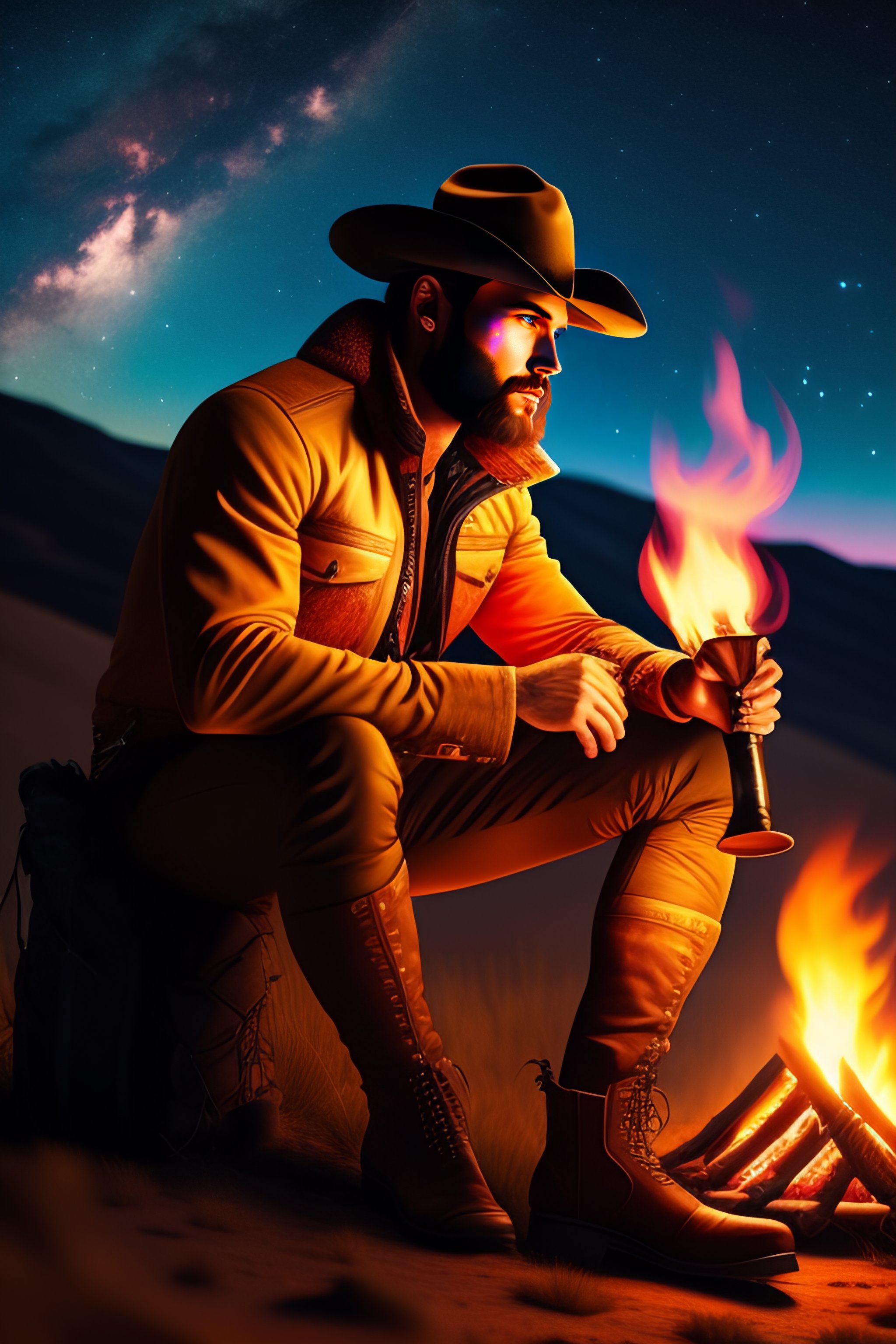 Lexica - Handsome rugged cowboy sitting at a campfire, gorgeous night ...