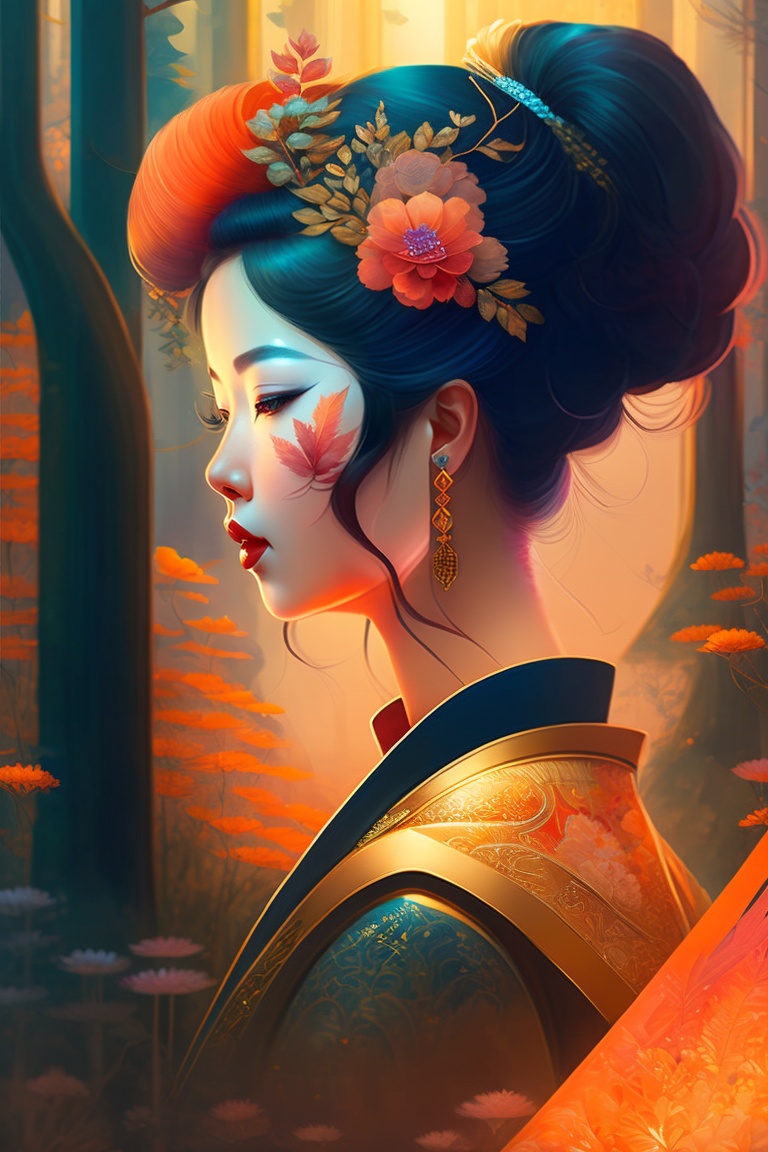 Lexica - Closeup portrait of Geisha, luminous colors, golden outlines ...