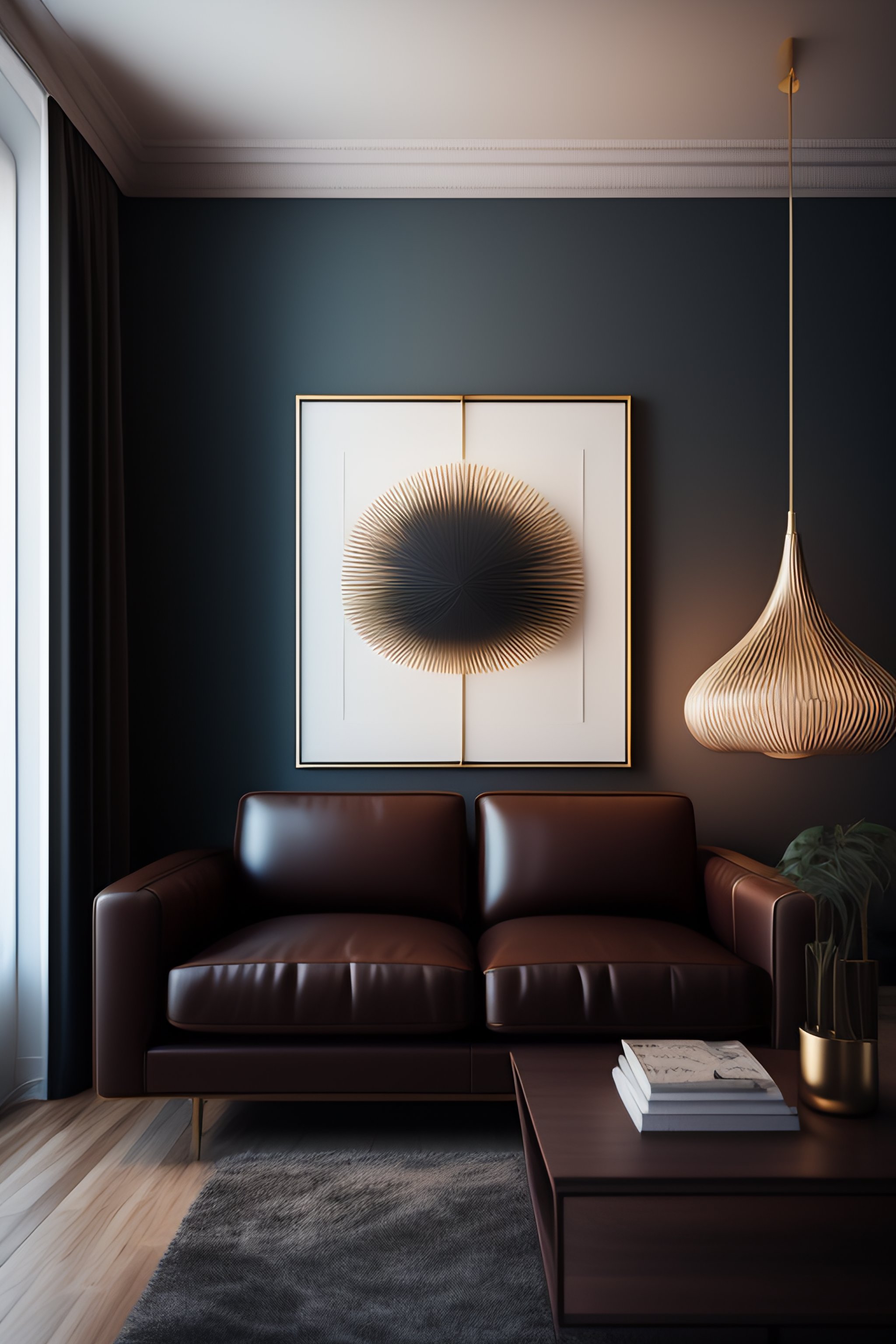 Lexica - Room with dark wall color and a leather couch, above a noble ...