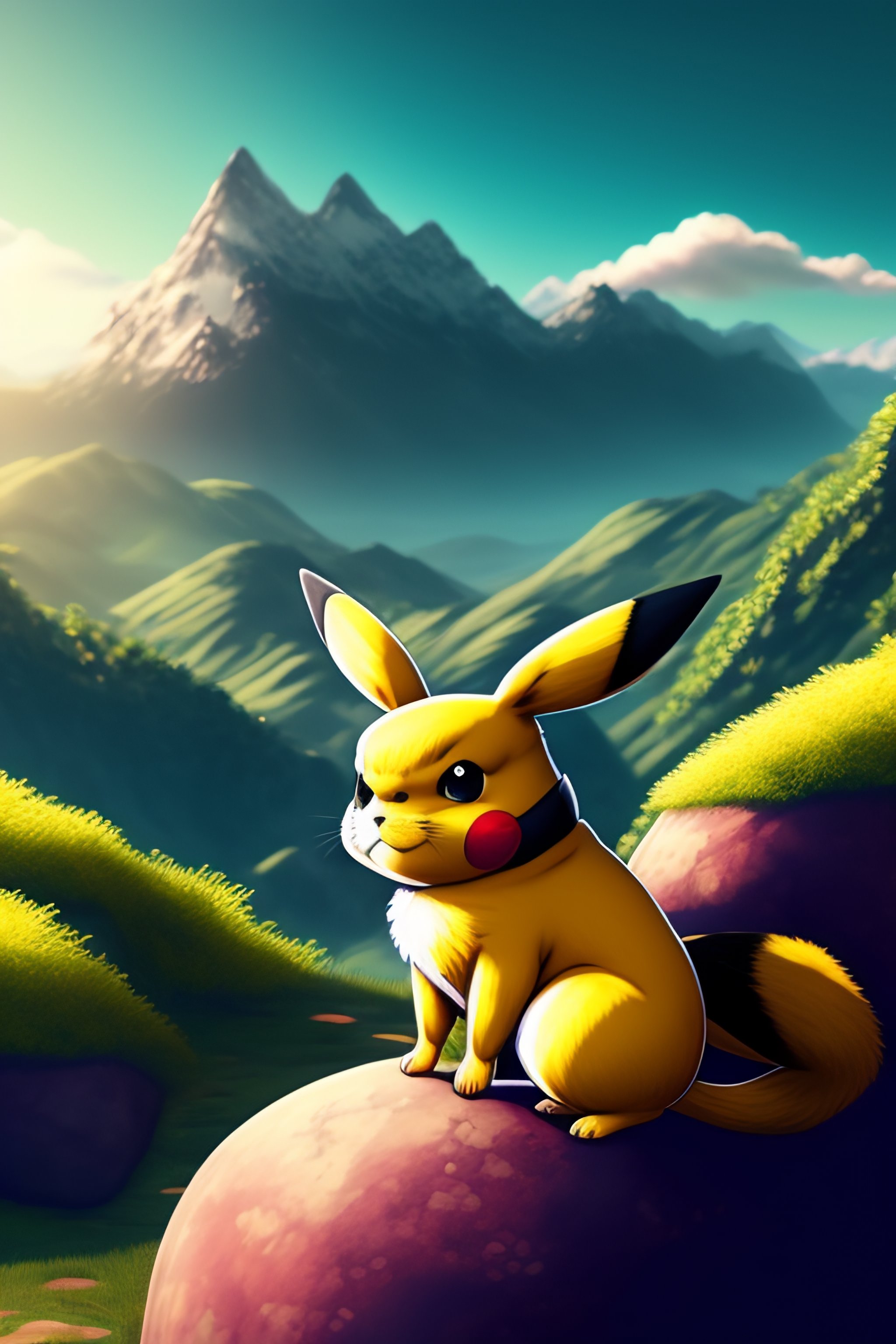 Lexica - Anime pikachu in a greenery scene with lush mountains