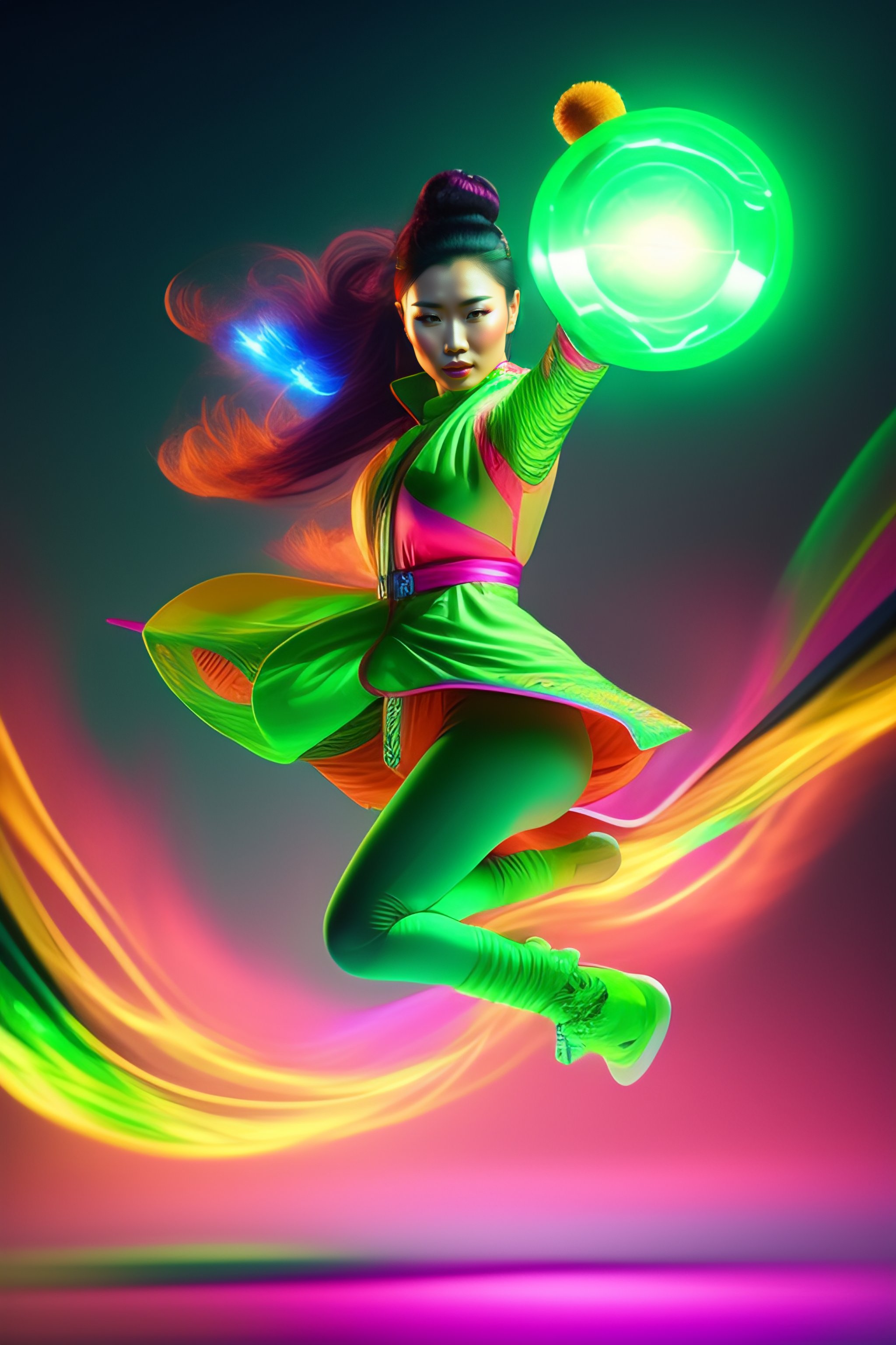 Lexica - Full body greentea peng fighting outfit, jump kick pose ...