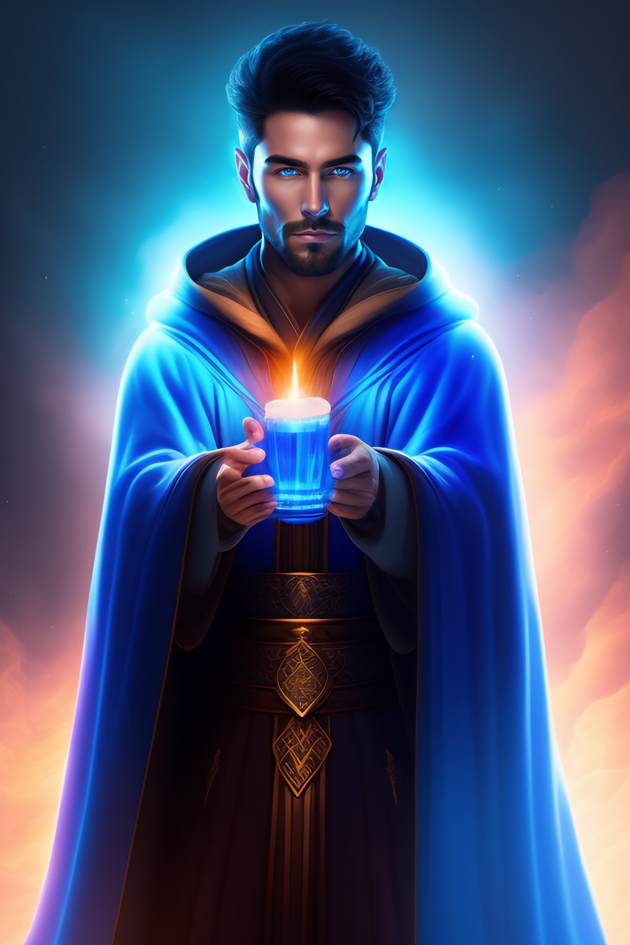 Lexica - 32 age old male wizard with blue robe and hoodie, glowing blue ...