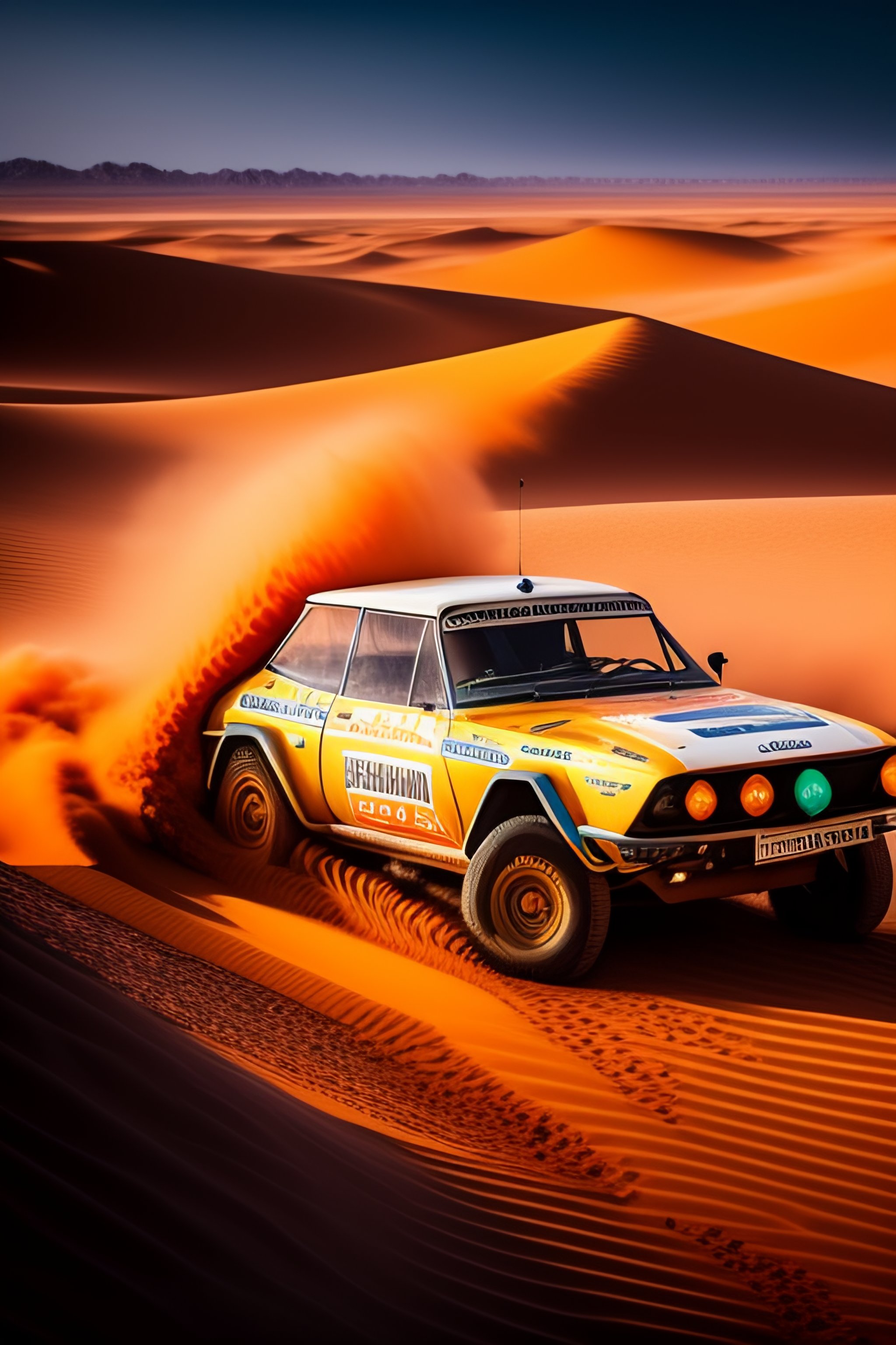Lexica - Professional photo of rally Peugeot 504 driving through desert
