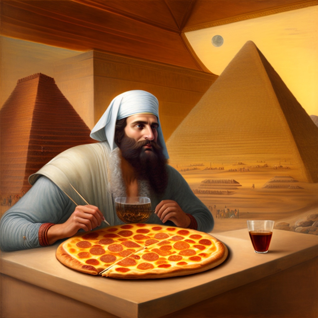 Lexica - A man eating pizza in the pyramids with the pharaohs, drawing ...