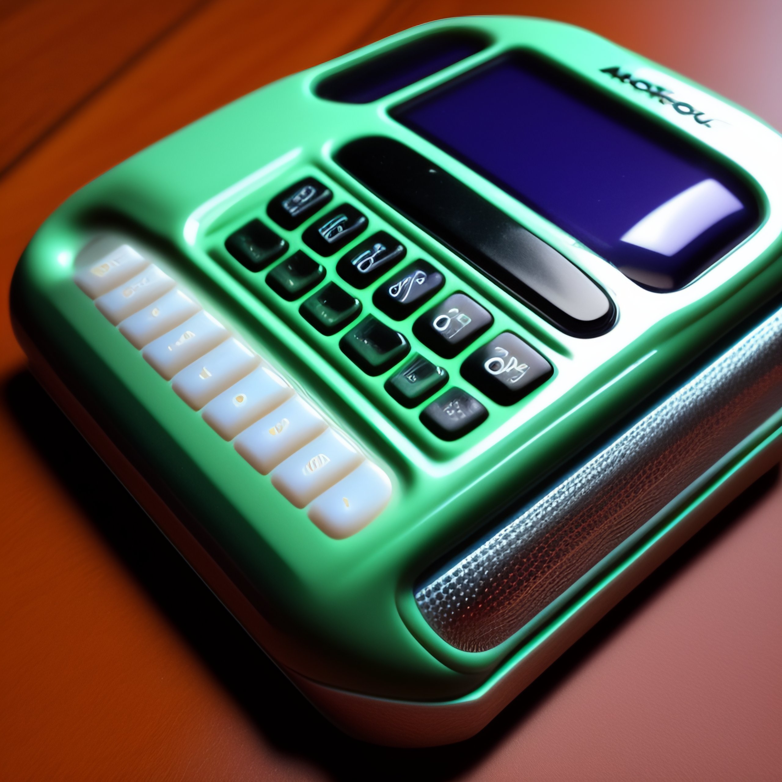 Lexica - 80s Motorola cell phone, bright plastic housing, keys, buttons ...