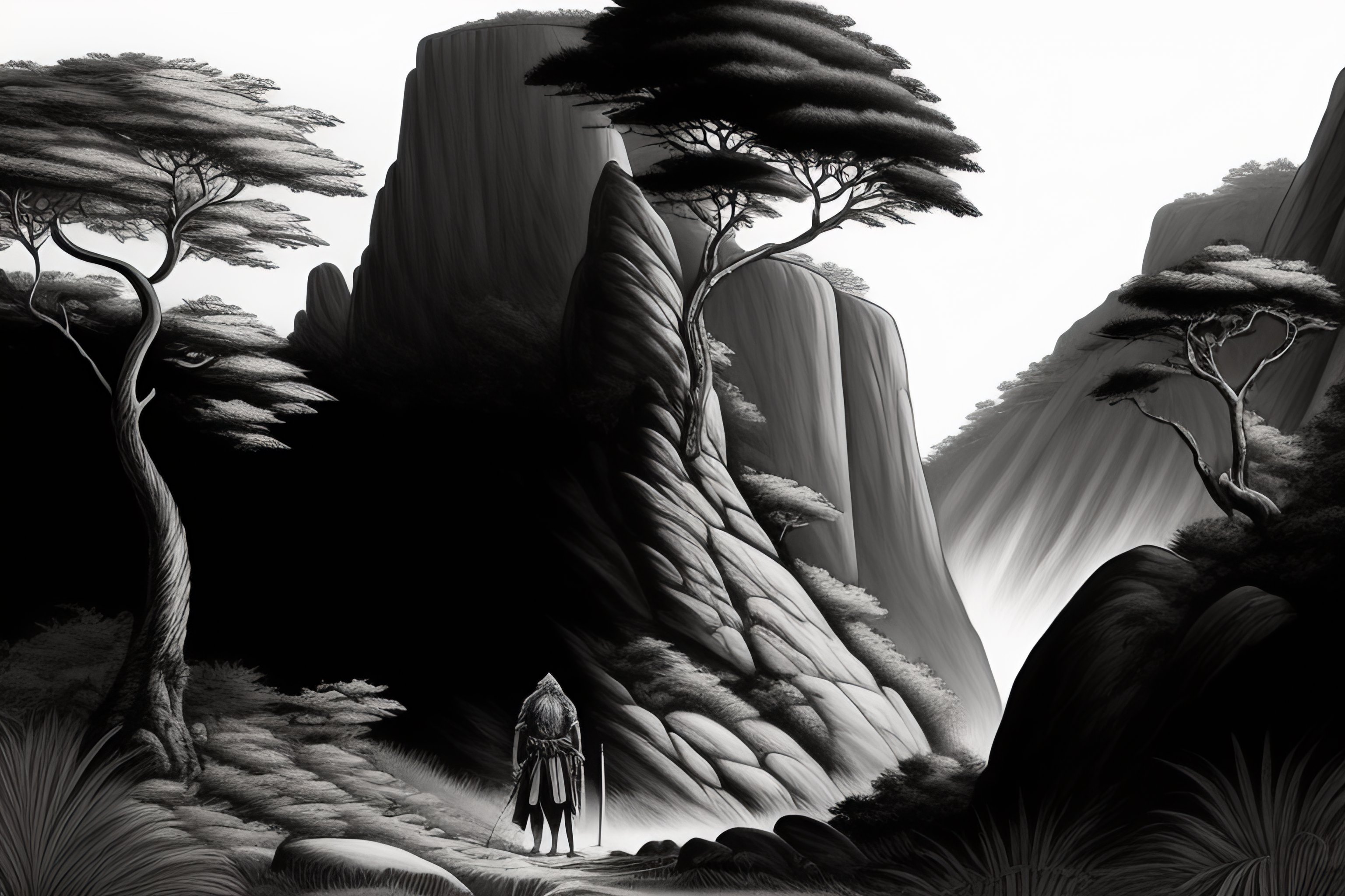 Lexica - Landscape drawing of a lean caveman with a spear standing in ...