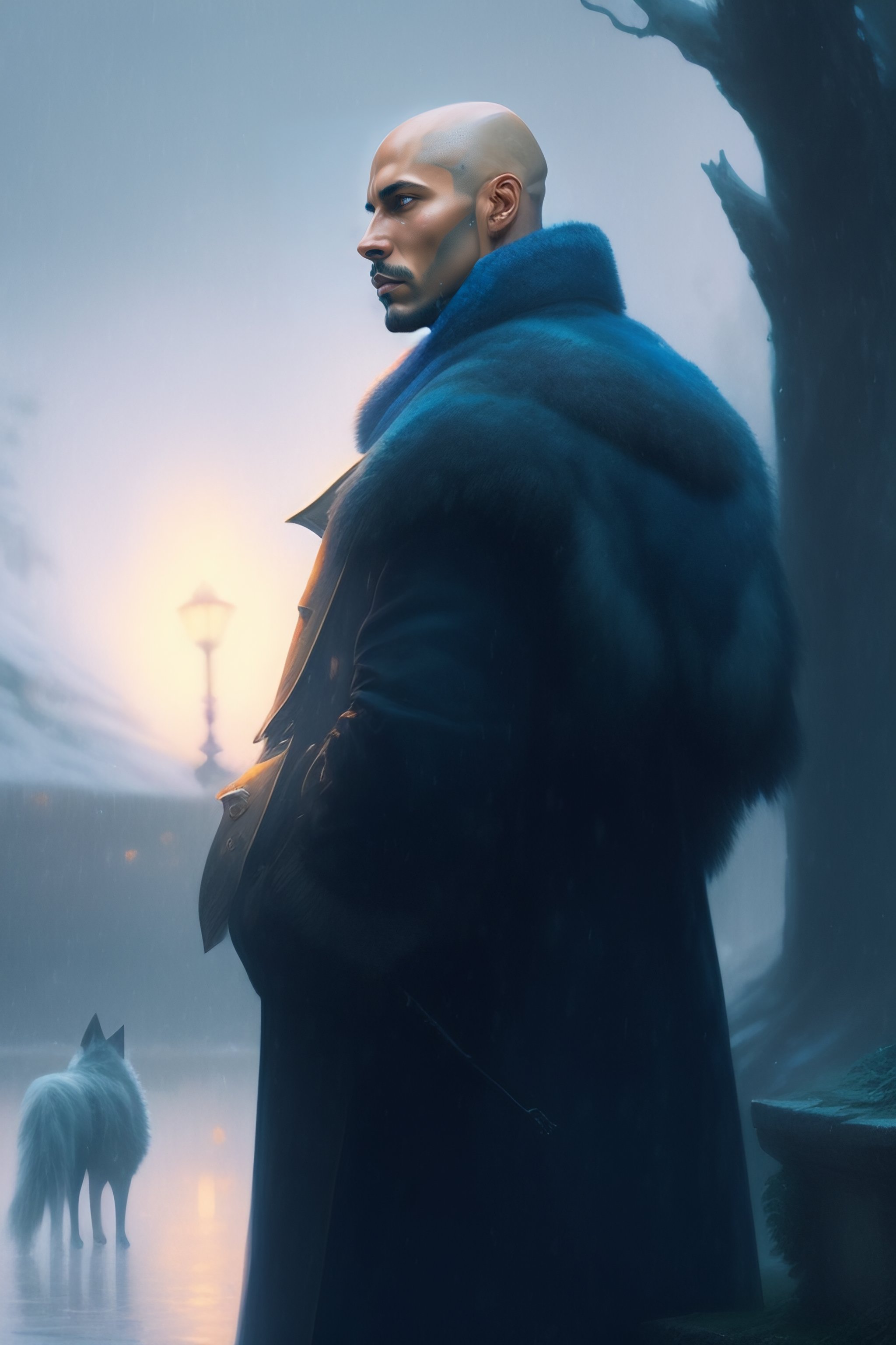 Lexica - Detailed illustration of a bald blue man with a wolf pack ...