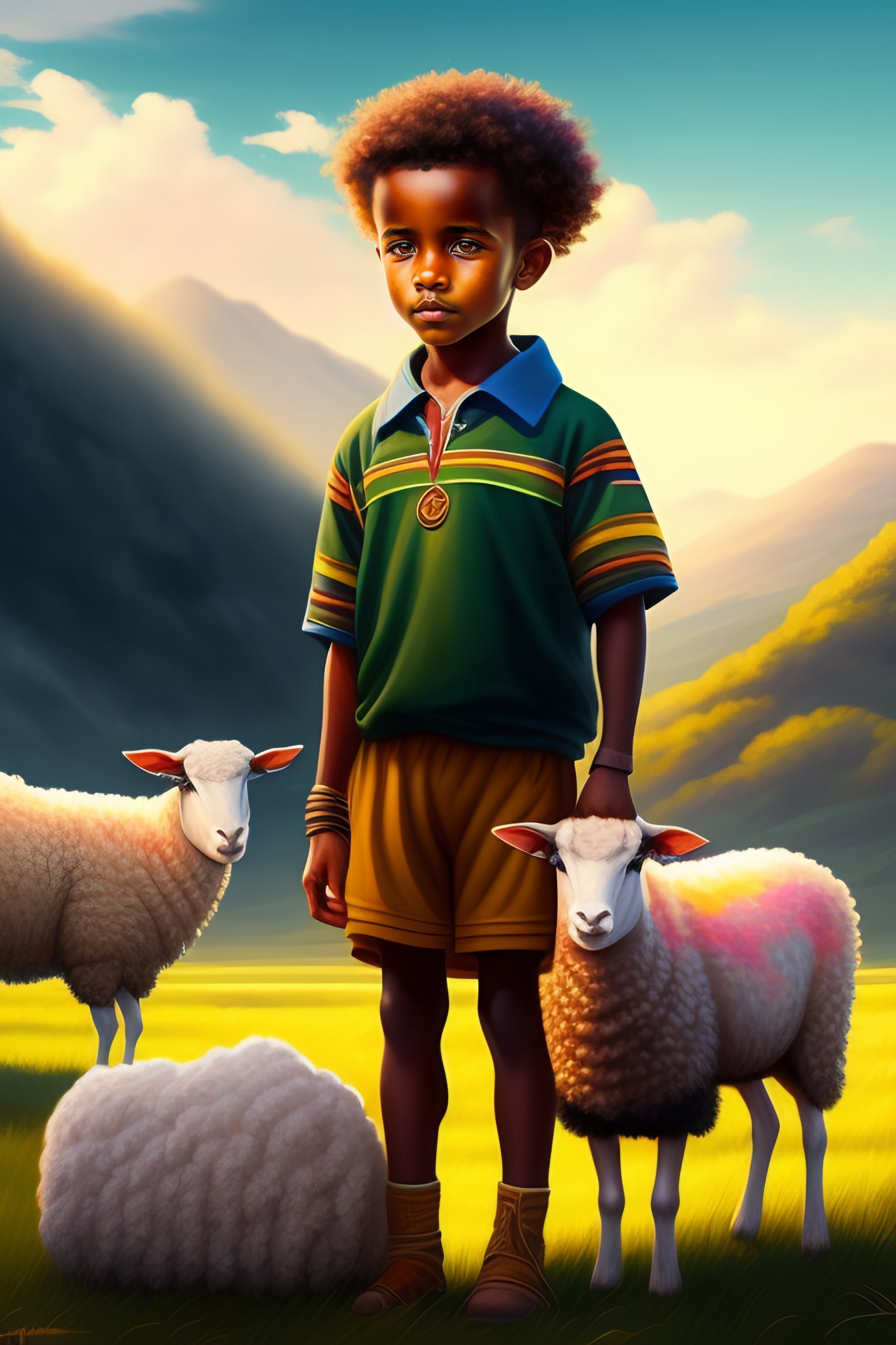 Lexica - Young Ethiopian muscular Shepard boy with a flok of sheep, grazing fields, summer camp ...