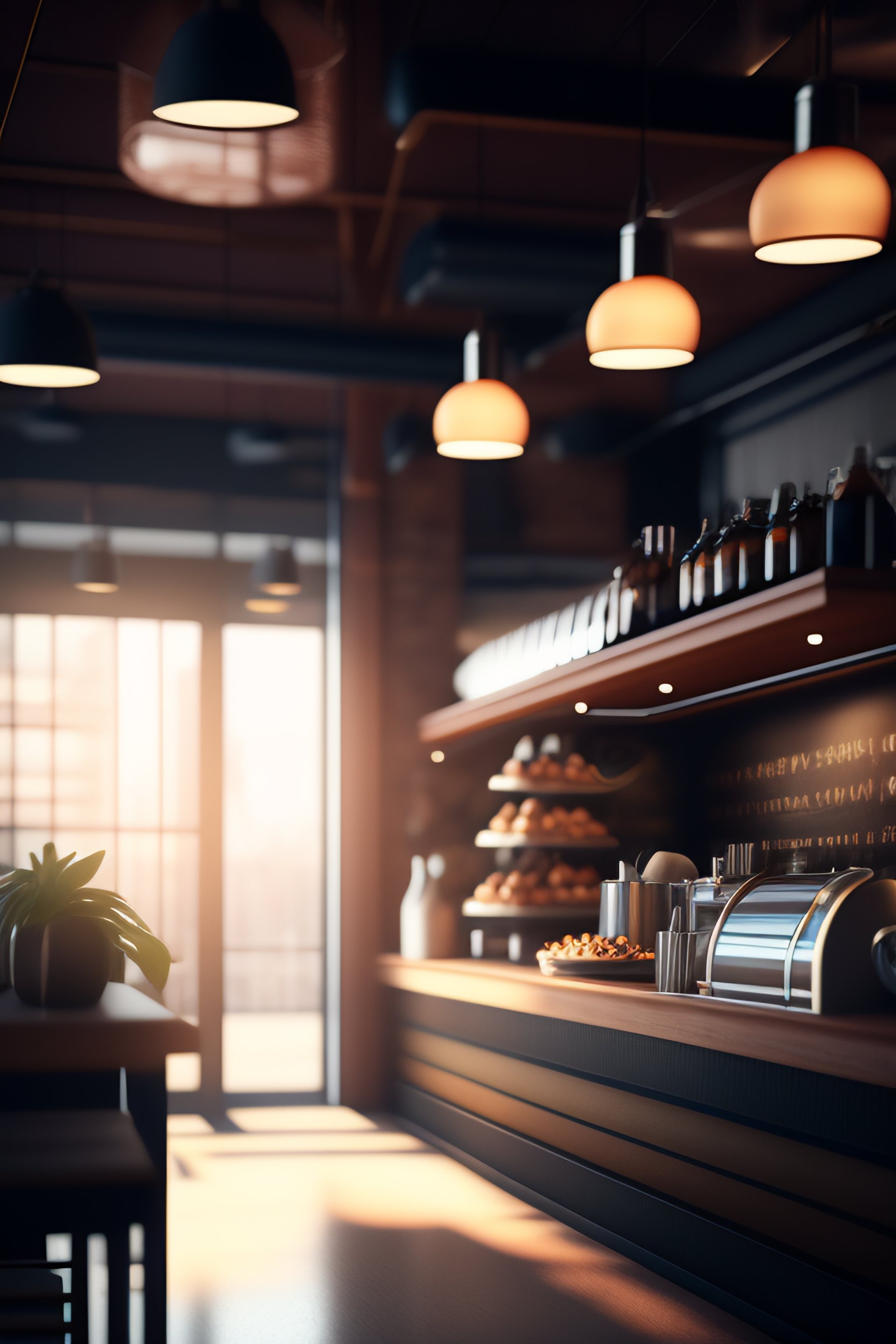 Lexica - Cafe interior, industrial effect, ultra-realistic, octane render.
