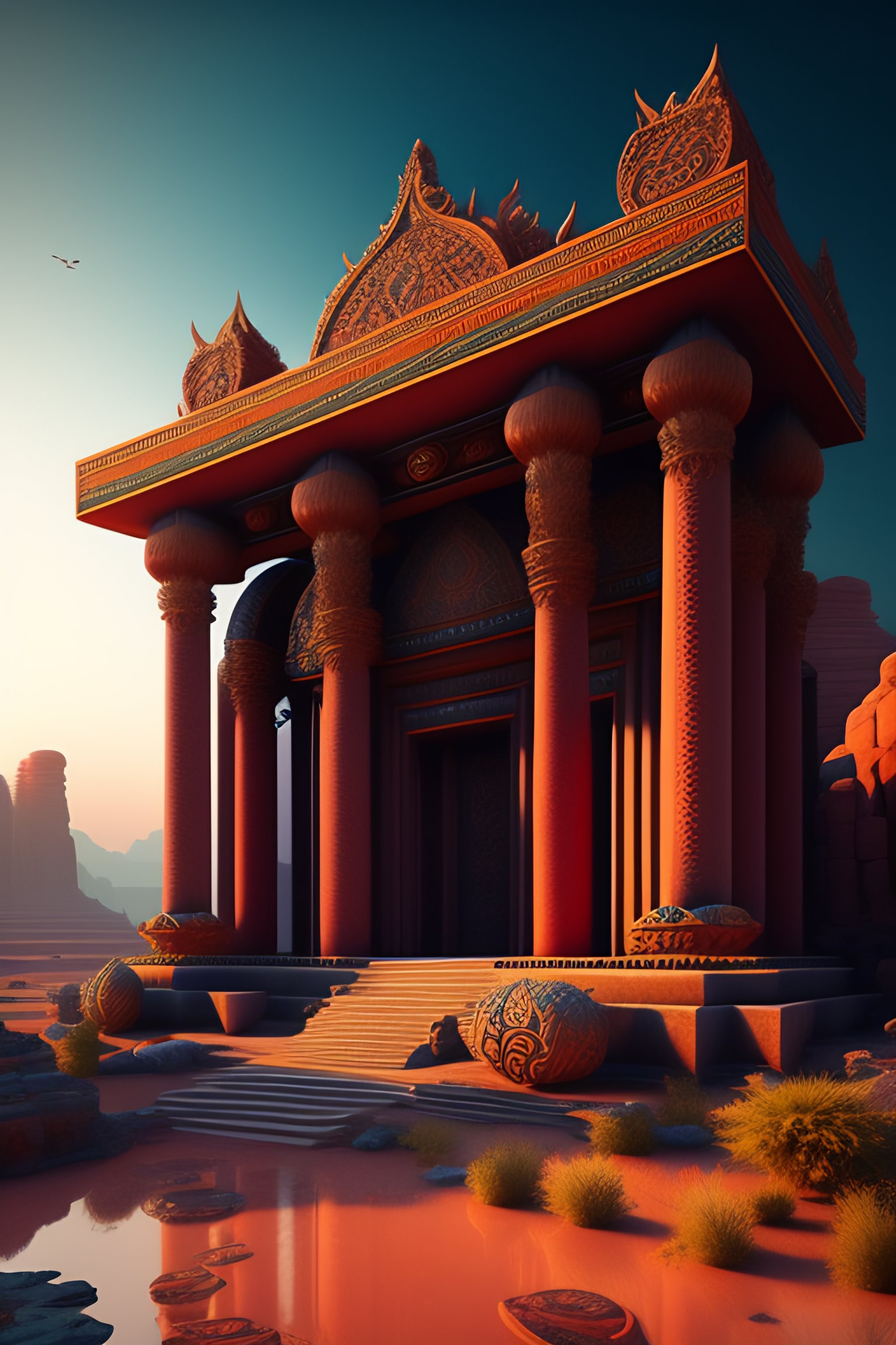 Lexica - Ancient temple carved in opal, desolate and lush landscape ...