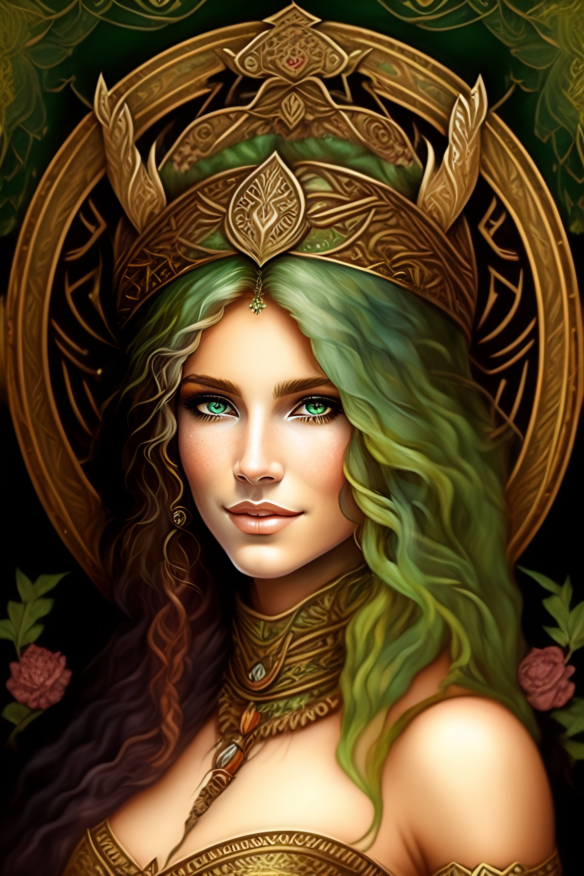 Lexica - Alphones mucha girl warrior with curly green hair big piercing ...