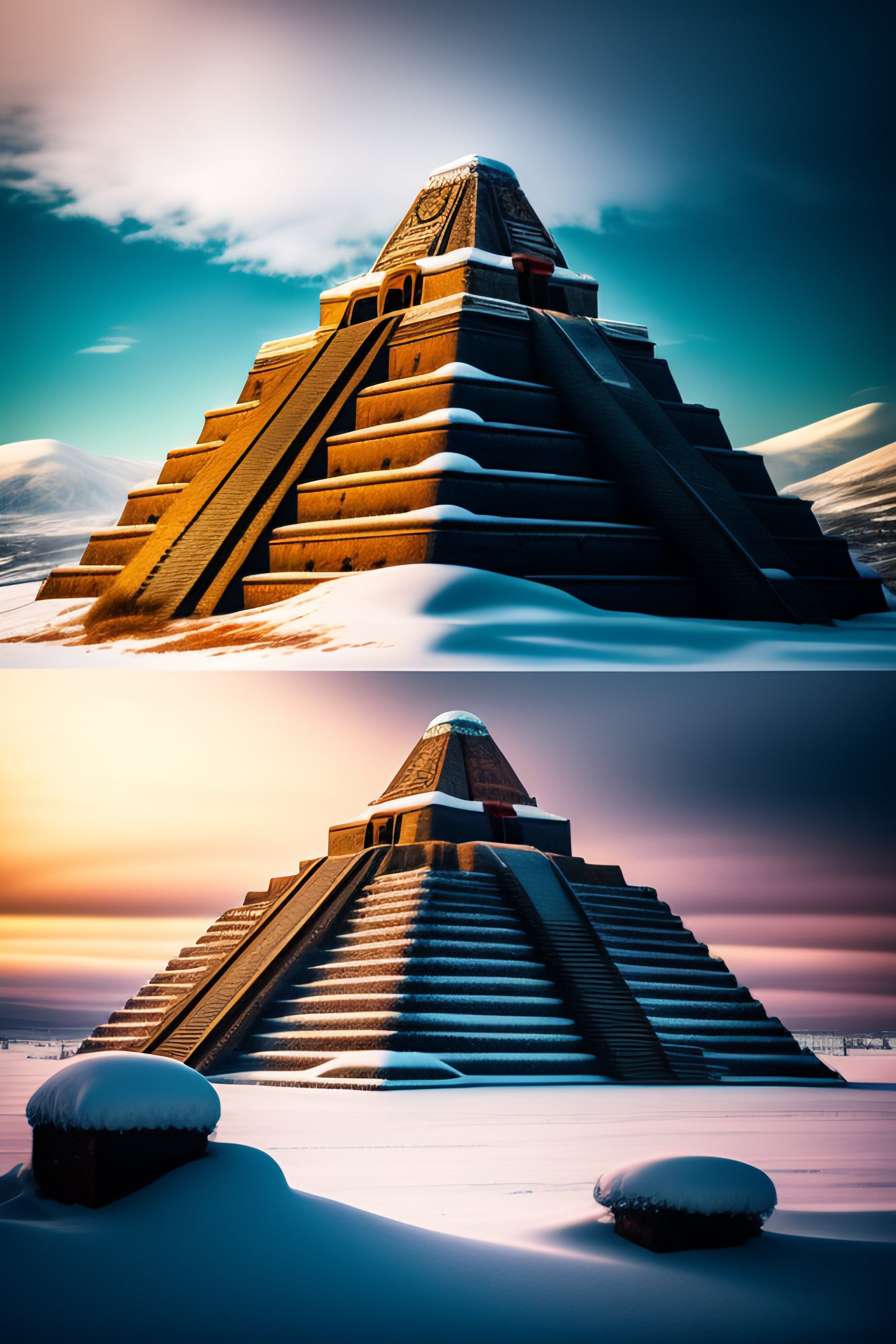 Lexica - Ancient Aztec pyramid in the snow realistic clowdy day photo ...
