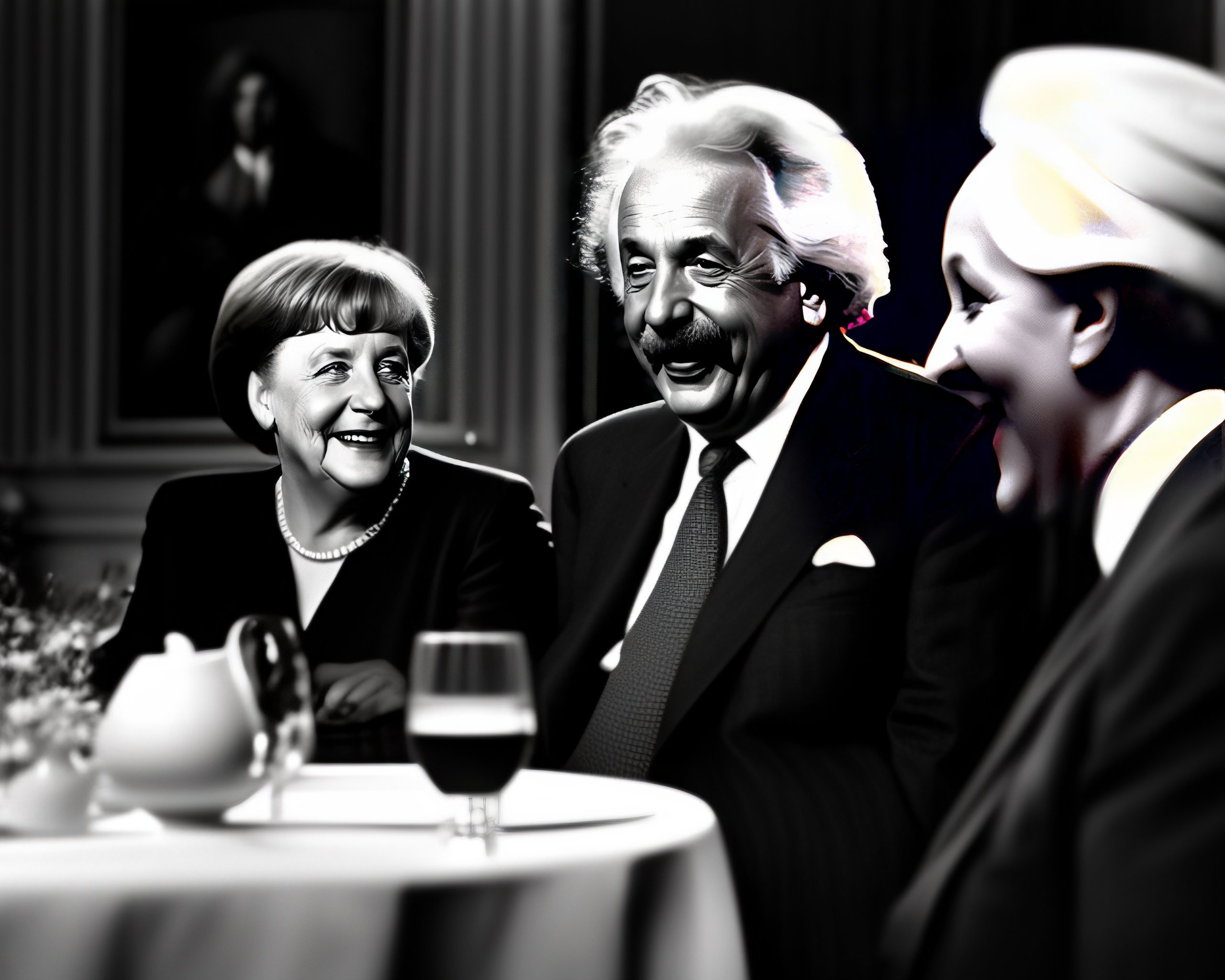 Lexica - Angela merkel and einstein in a room, laughing, tea on the table