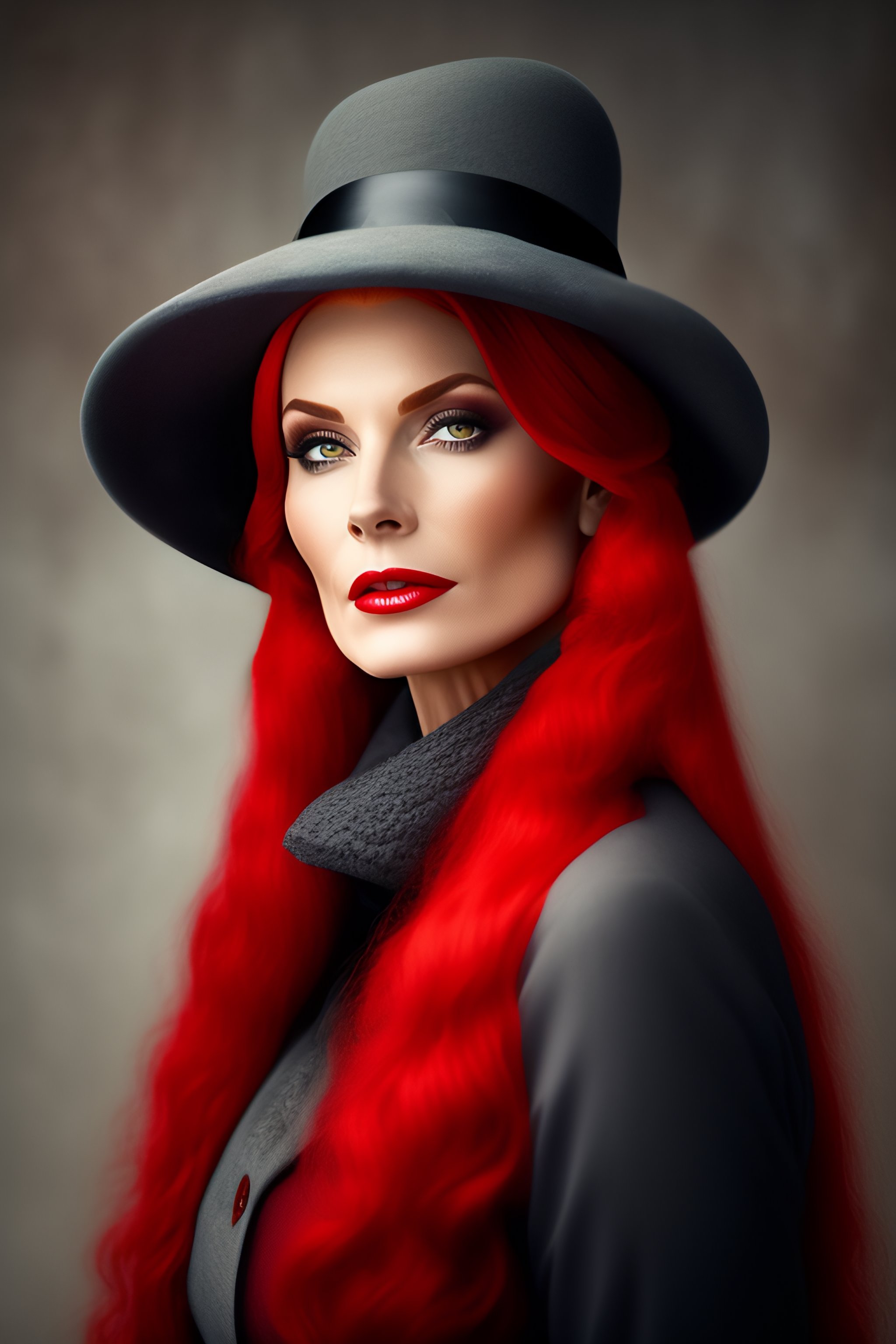 Lexica - Ugly old witch with red hair and a big gray hat