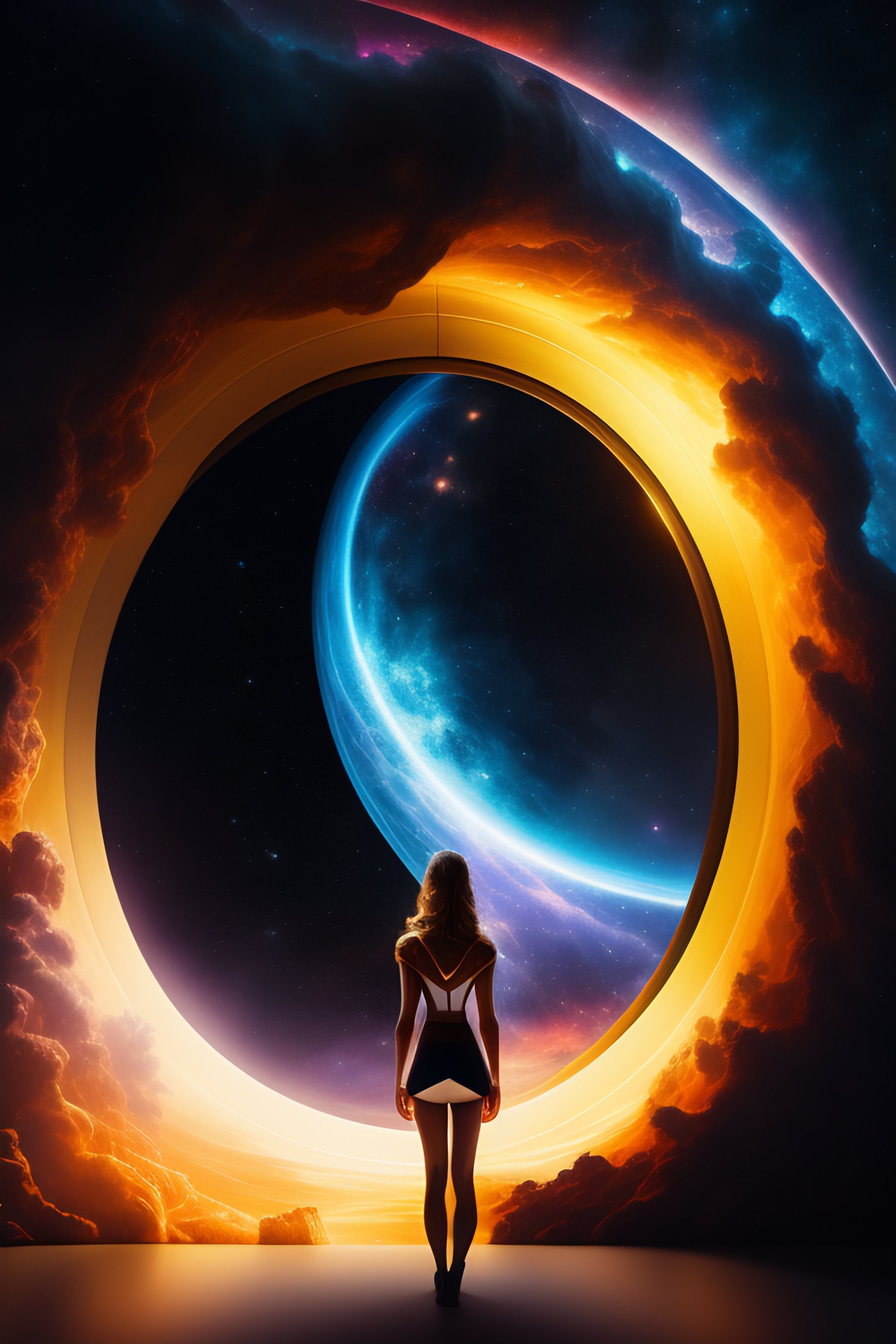 Lexica - A wide shot of a beautiful angel woman peering into a giant ...