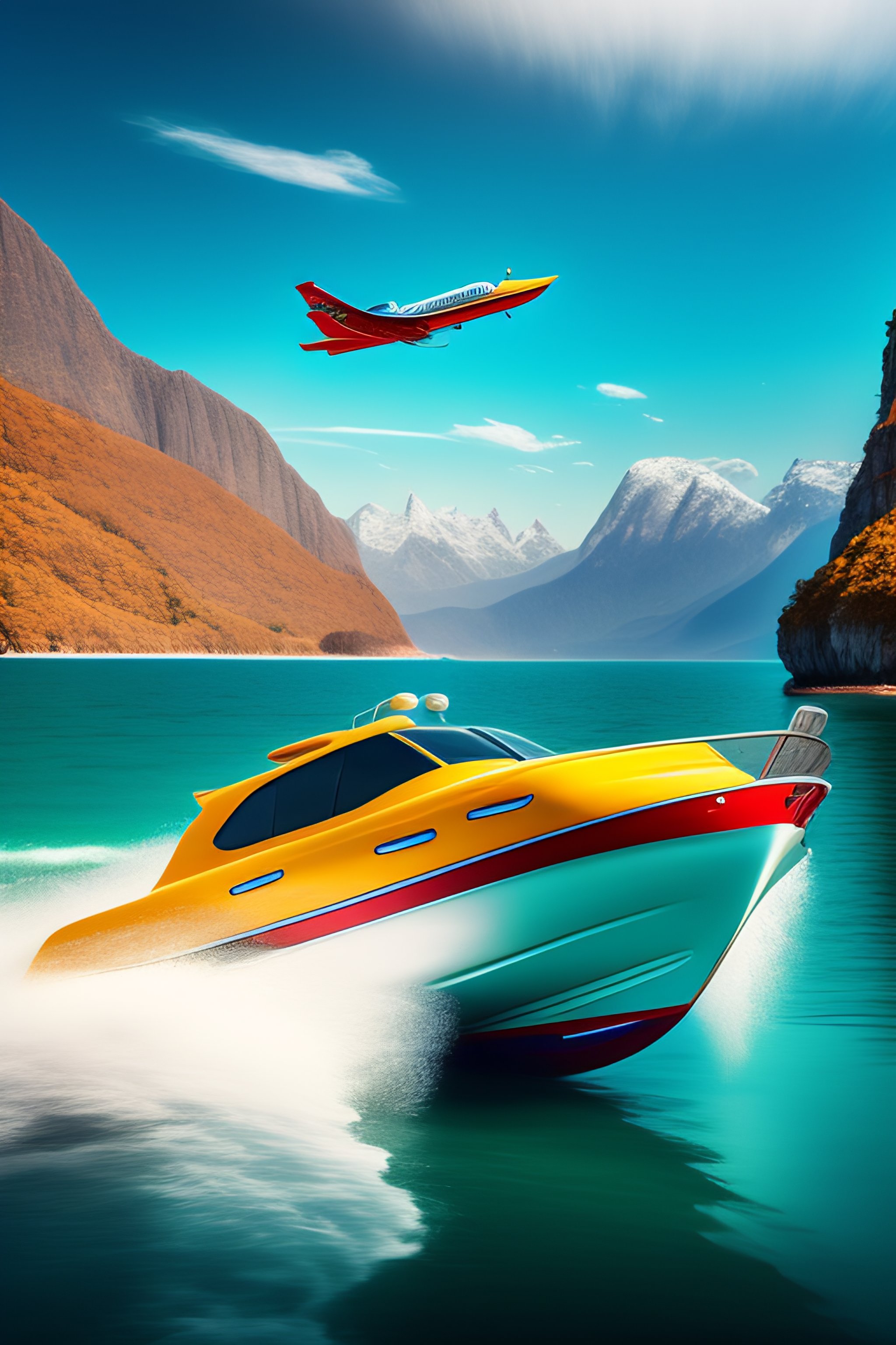 Lexica - Speedboat with dogface with an airplane in the background and ...