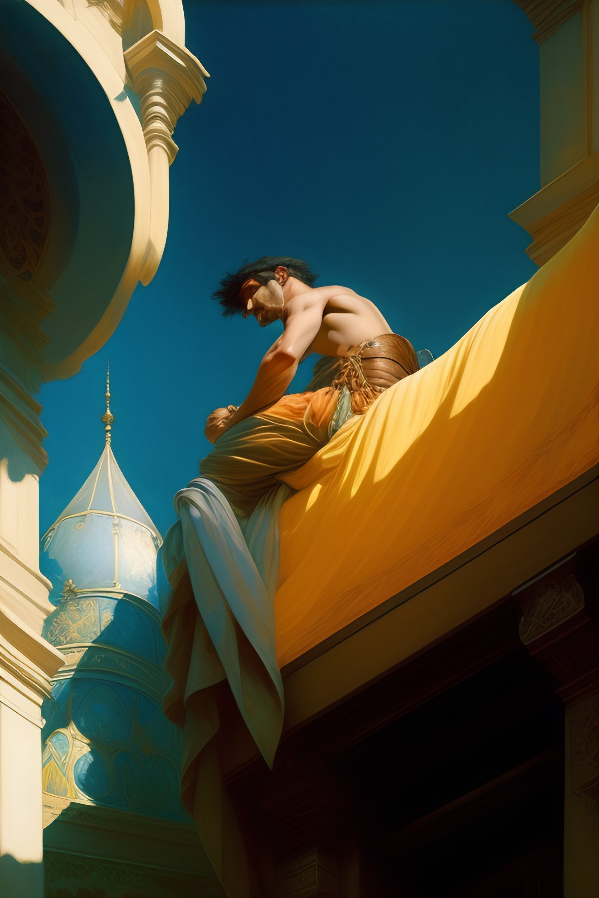 Lexica - A man with a blue robe hanging upside-down FROM THE ROOF by tsuyoshi nagano, greg ...