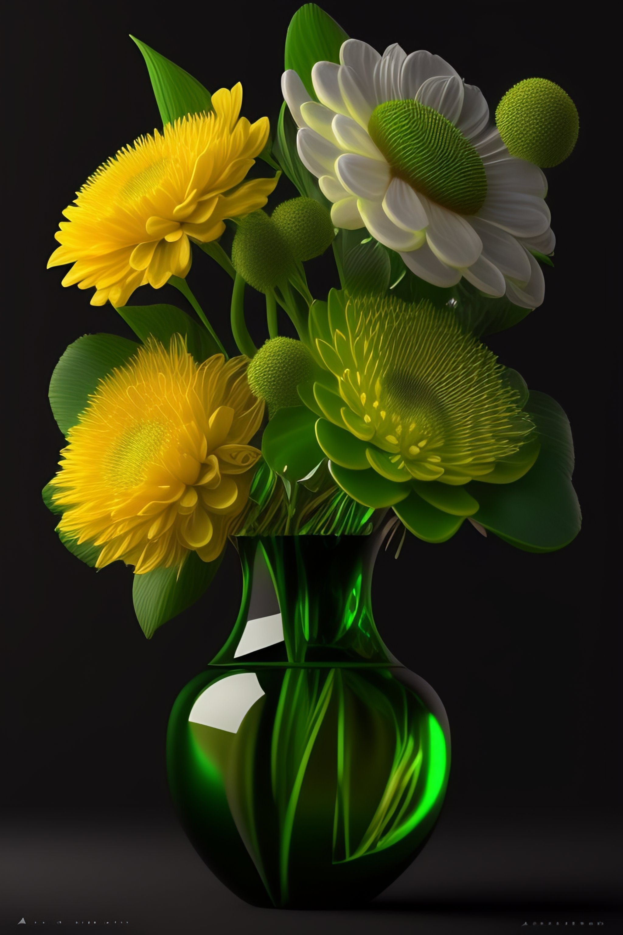 Lexica - Beautiful amazing art of intricate flowers in a green vase ...