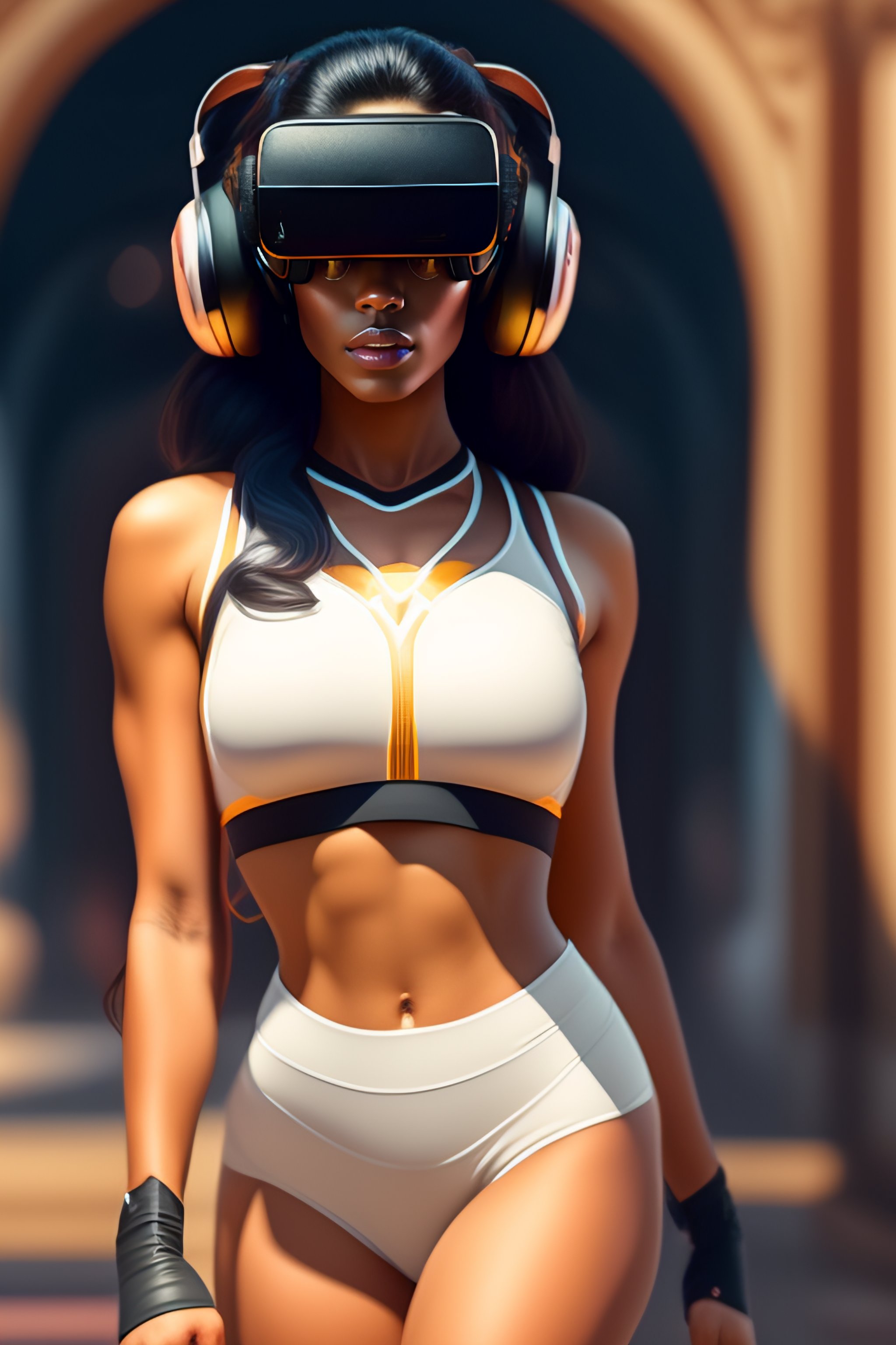 Lexica - Pretty gamer woman very pretty with VR Headset, two piece workout clothes, training bra ...