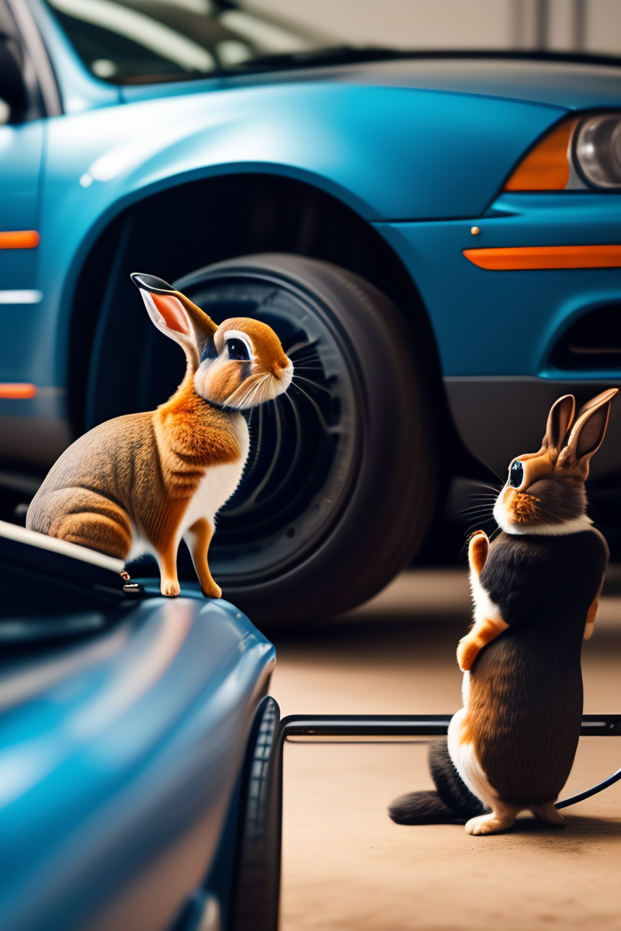 Lexica - One rabbit with BMW E90 in a car mechanic workshop