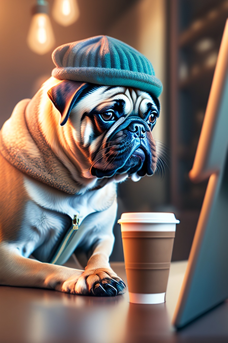 Lexica - Portrait of a pug in front of a computer, head slightly tilted ...