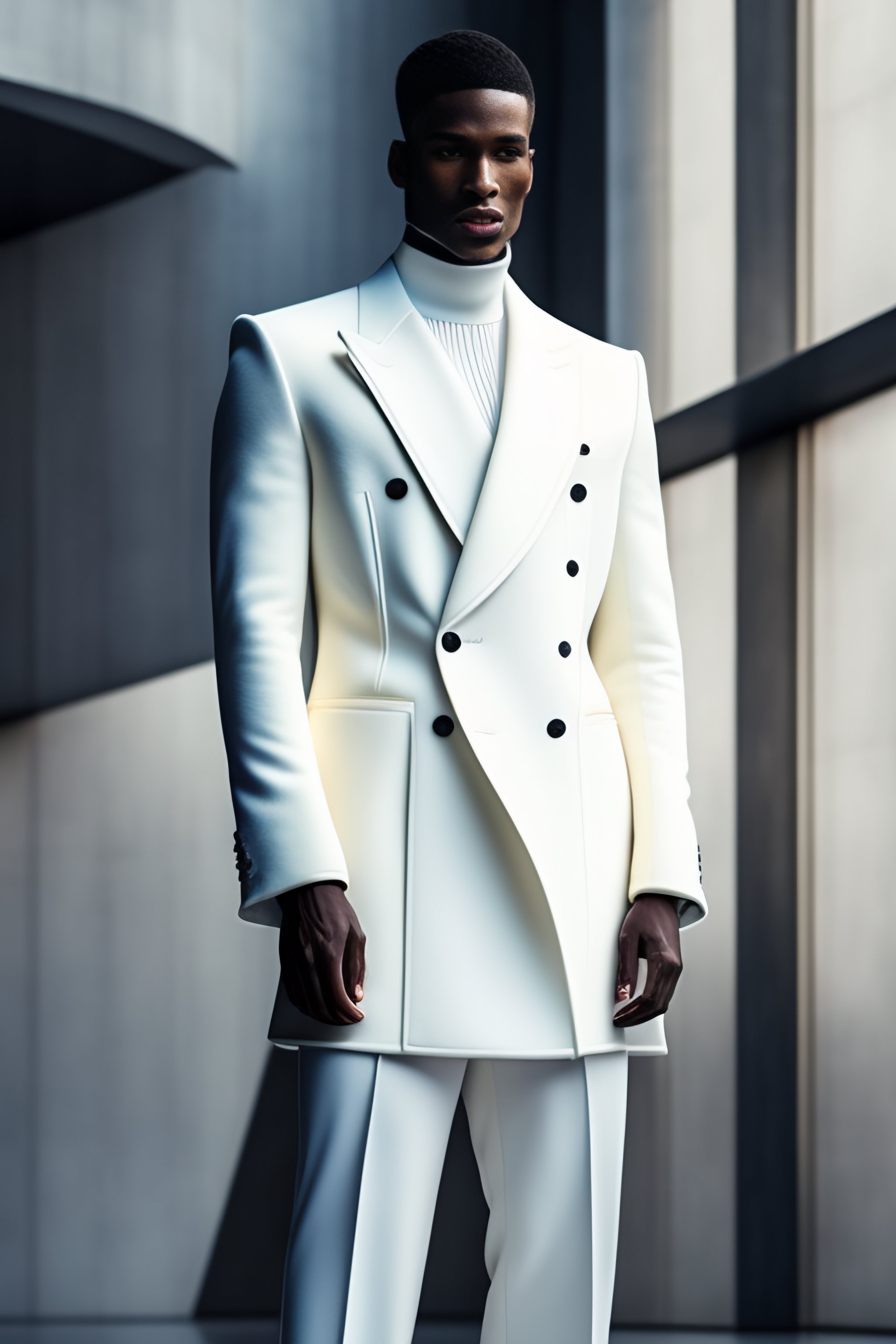 Lexica - Hyperrealistic haute couture fashion model male, in the style ...