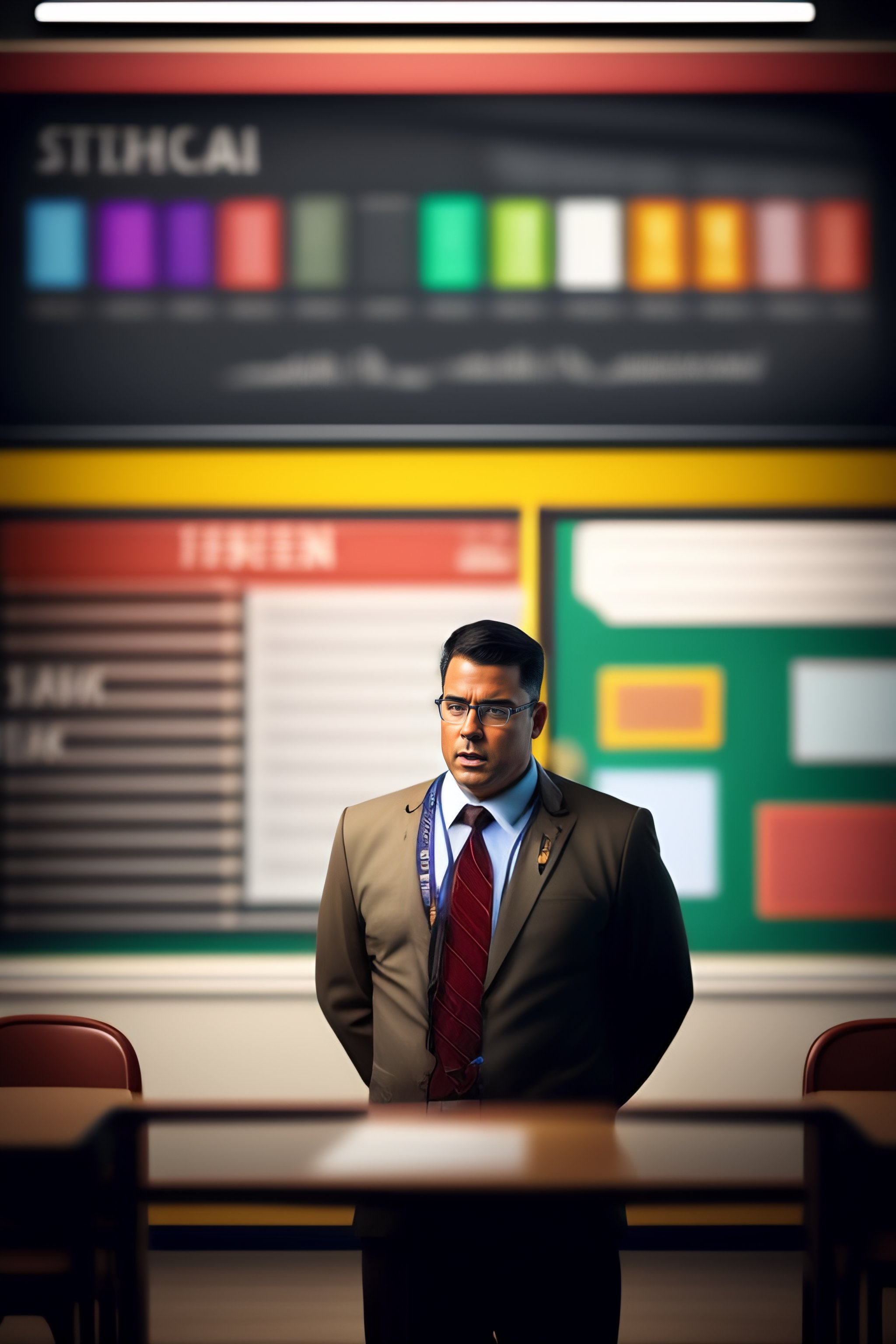 Lexica - Realistic image of a frustrated teacher in front of his classroom