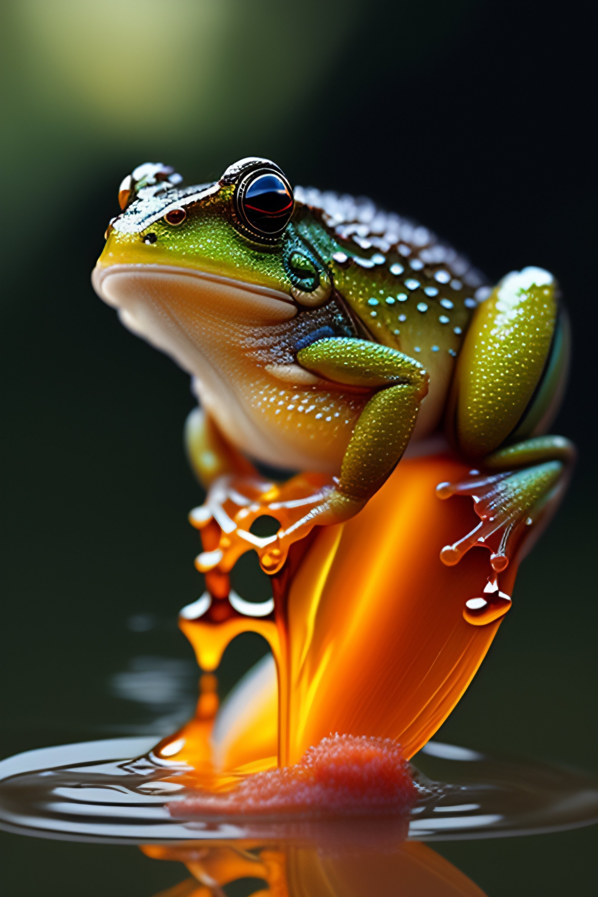 Lexica - A litle frog in the rain, orange spike aura in motion, damaged ...