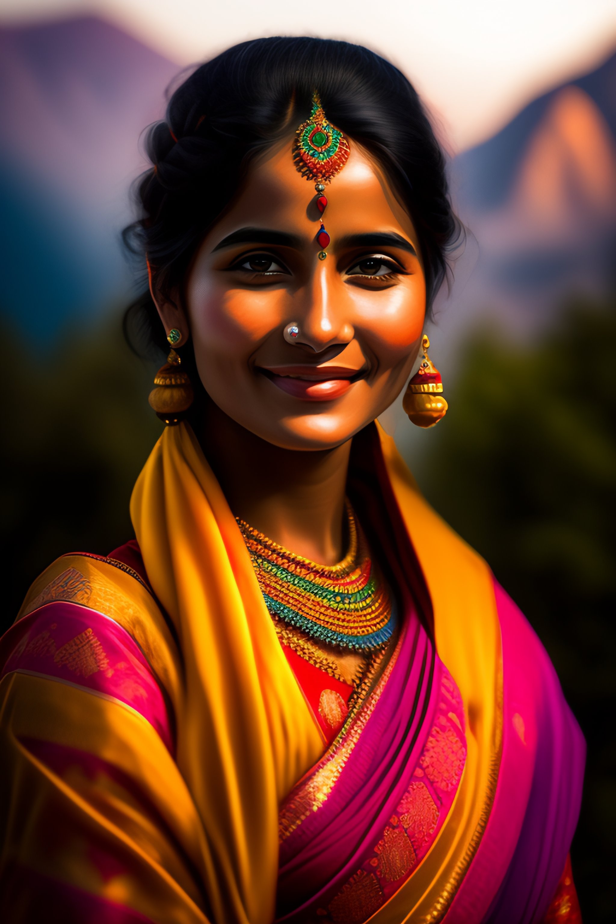 Lexica - Potrait of girl Namaskar in nepali attire octane hill ...