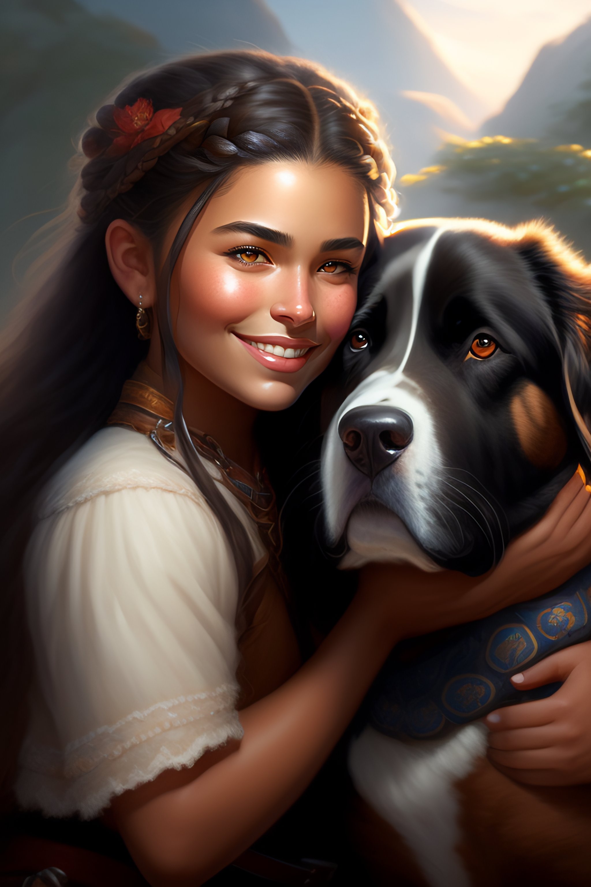 Lexica - A detailed portrait of a cute brunette girl with two braids ...