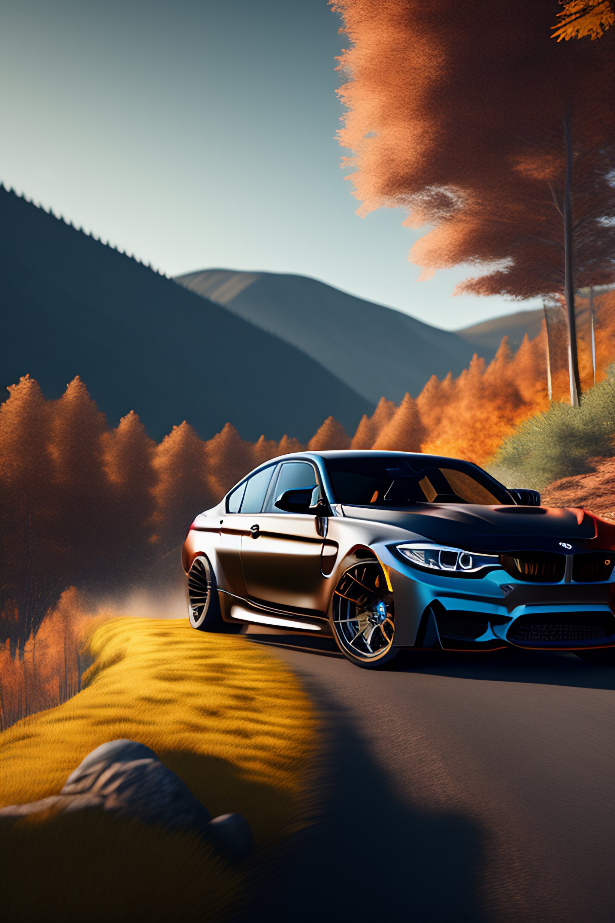 Lexica - A black bmw m3 car driftting on a mountain trail, detailed ...