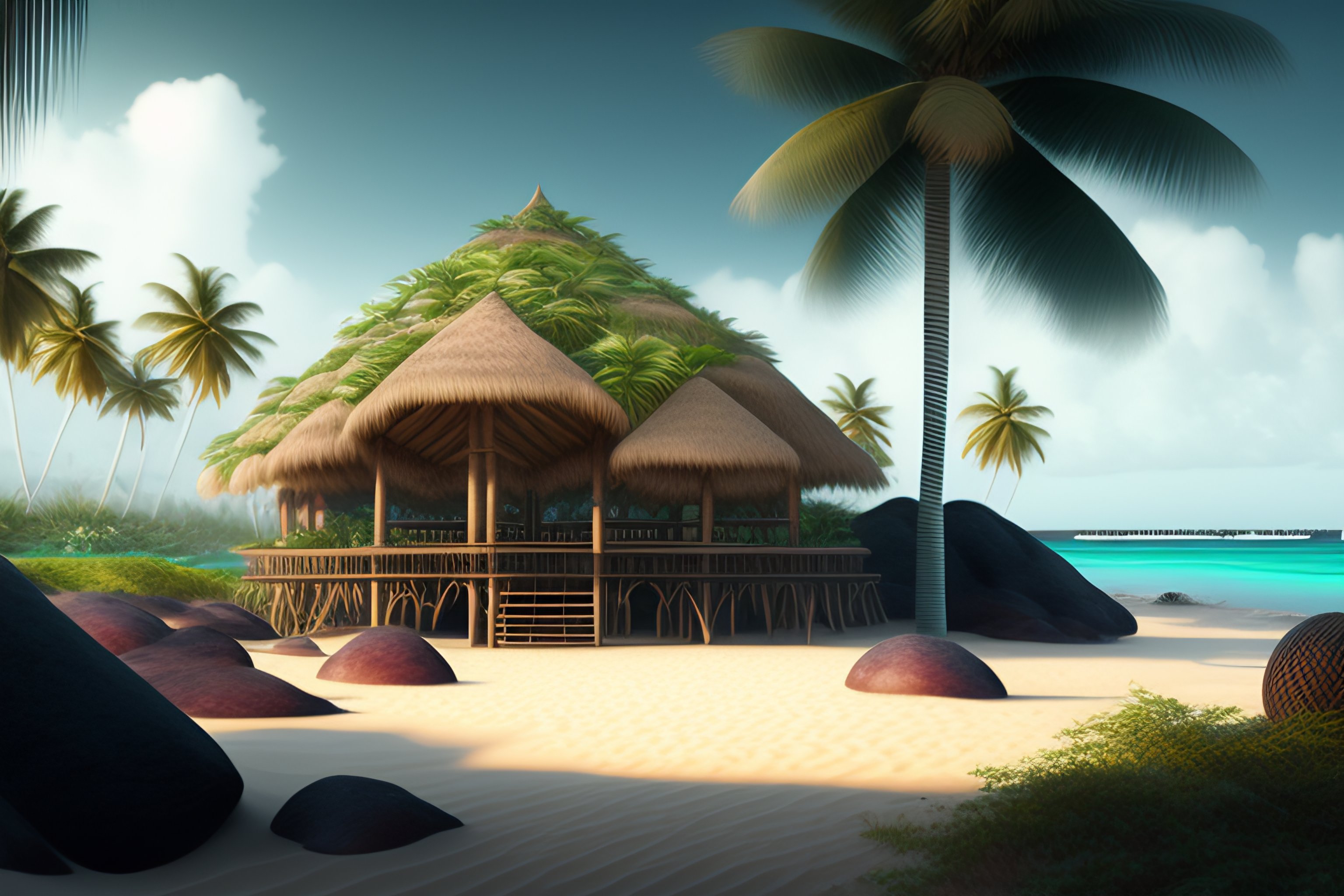 Lexica - Giant hut bamboo on tropical island beach yucca giant shells ...