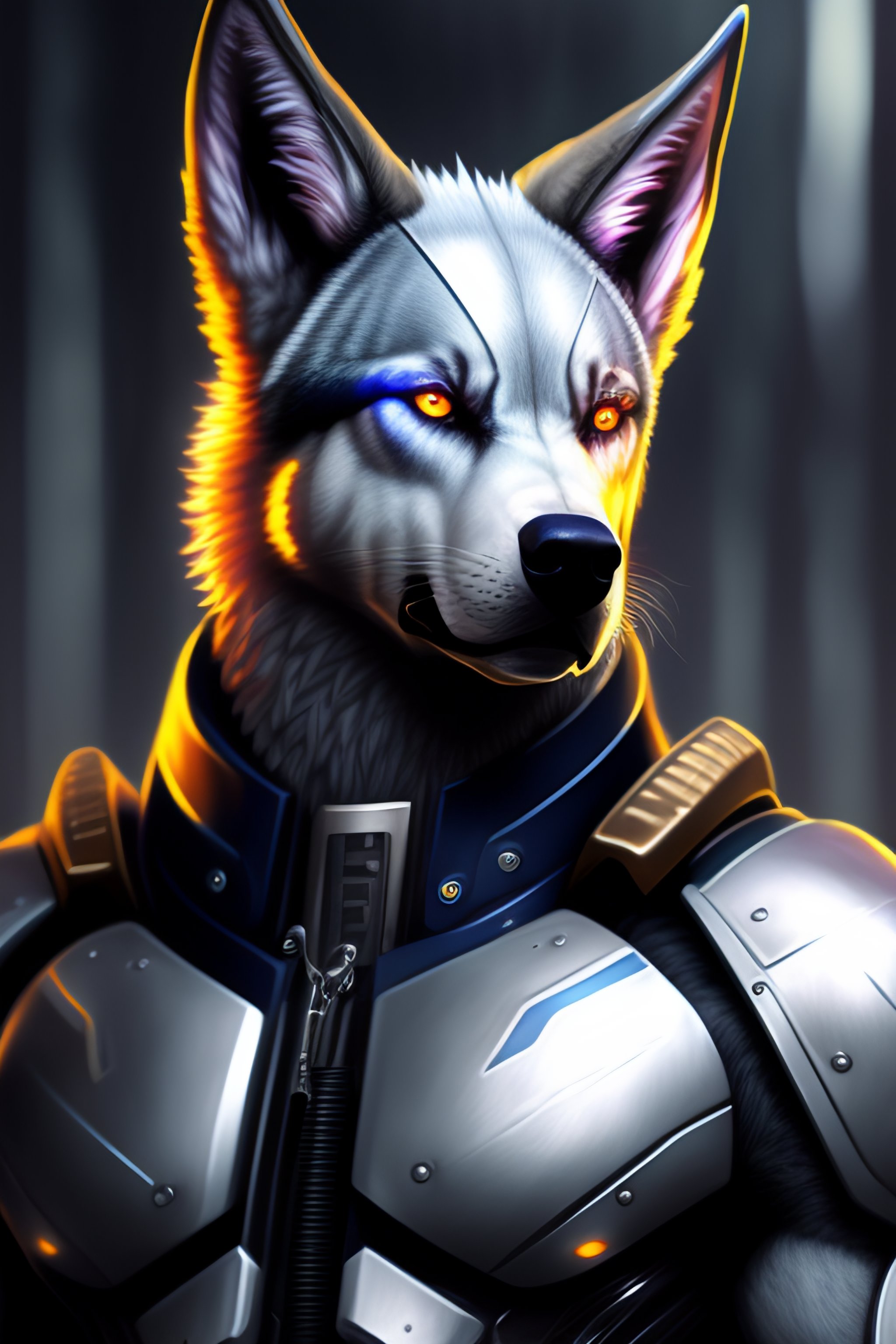 Lexica - Portrait painting of a cybernetic grey werewolf with power armor