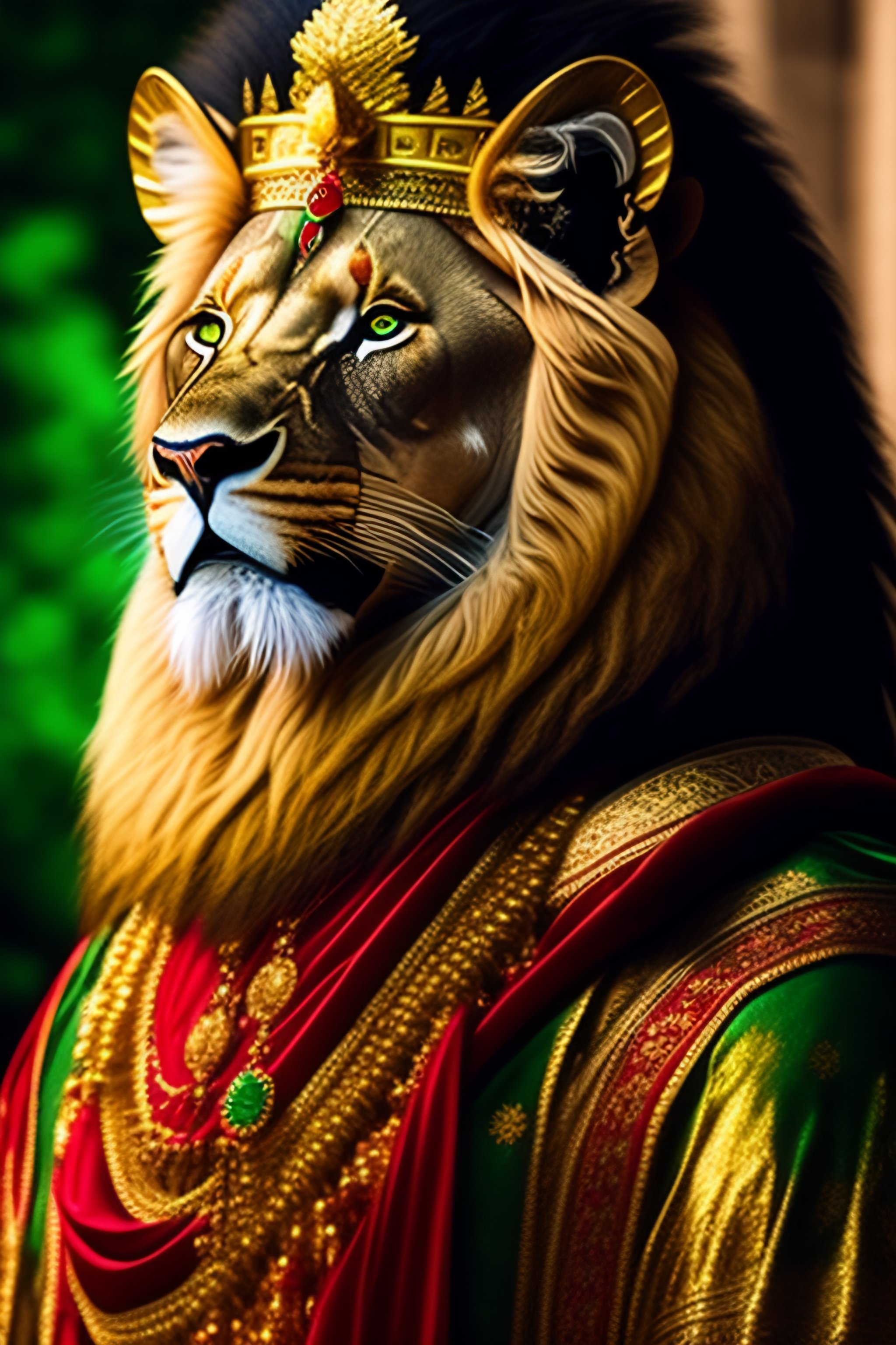 Lexica - Lion head with gold crown, traditional clothes in red and ...