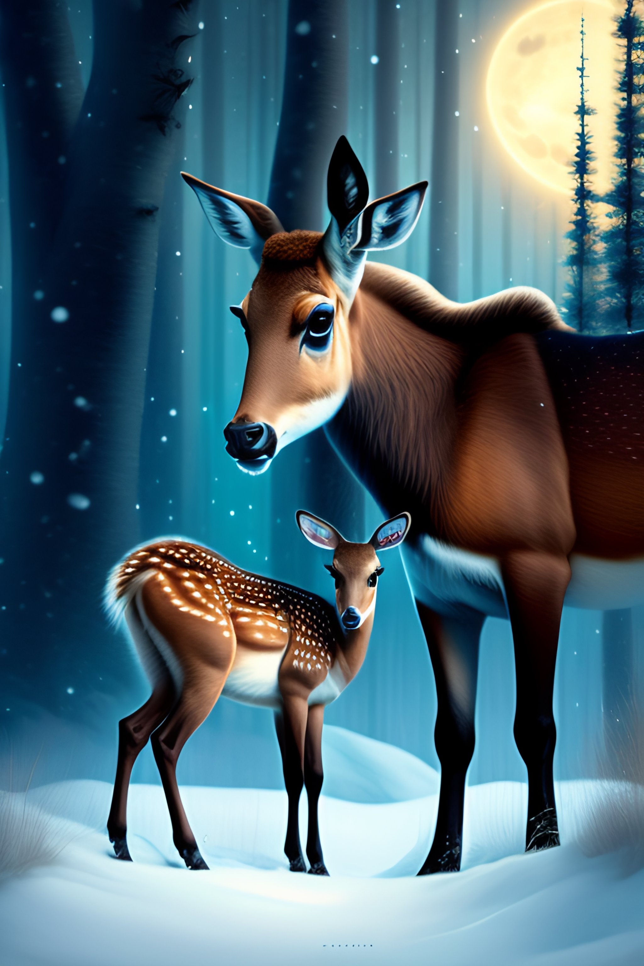 Lexica - Twin girls and fawn in moonlit snowy forest by Ray Caesar