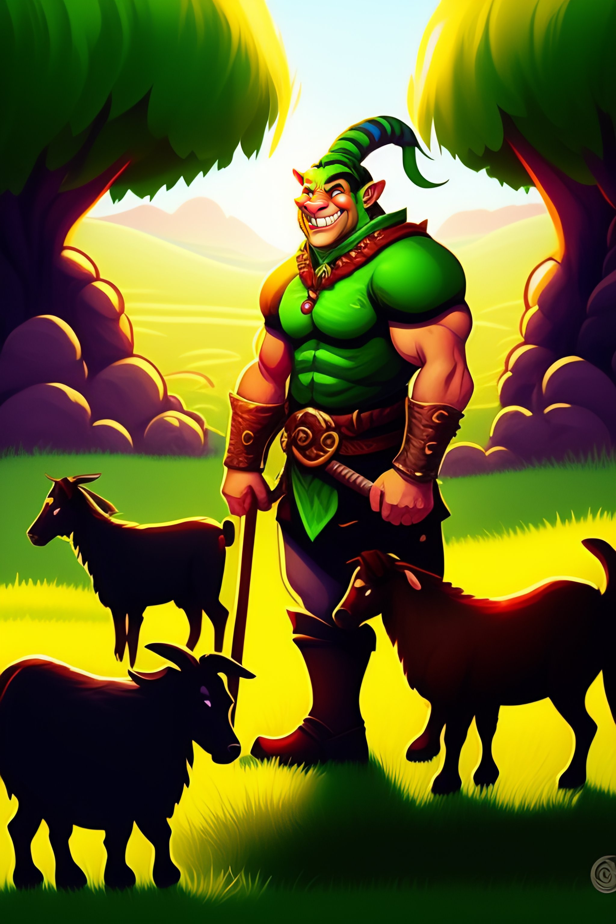 Lexica - A happy orc holding a whip while herding goats, green fields ...